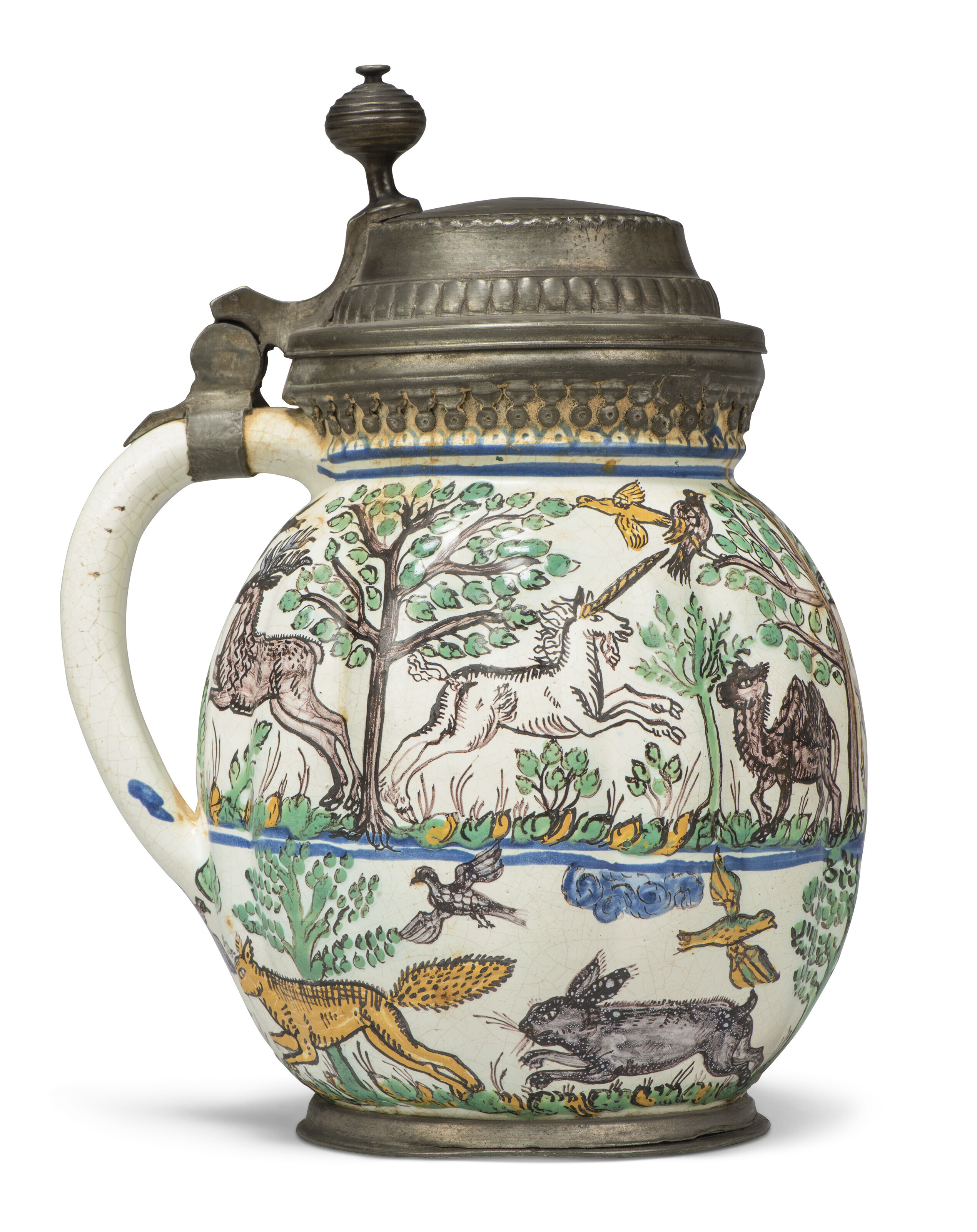 A PEWTER-MOUNTED CONTINENTAL FAYENCE DATED BIRNKRUG AND COVER, 1673 ...