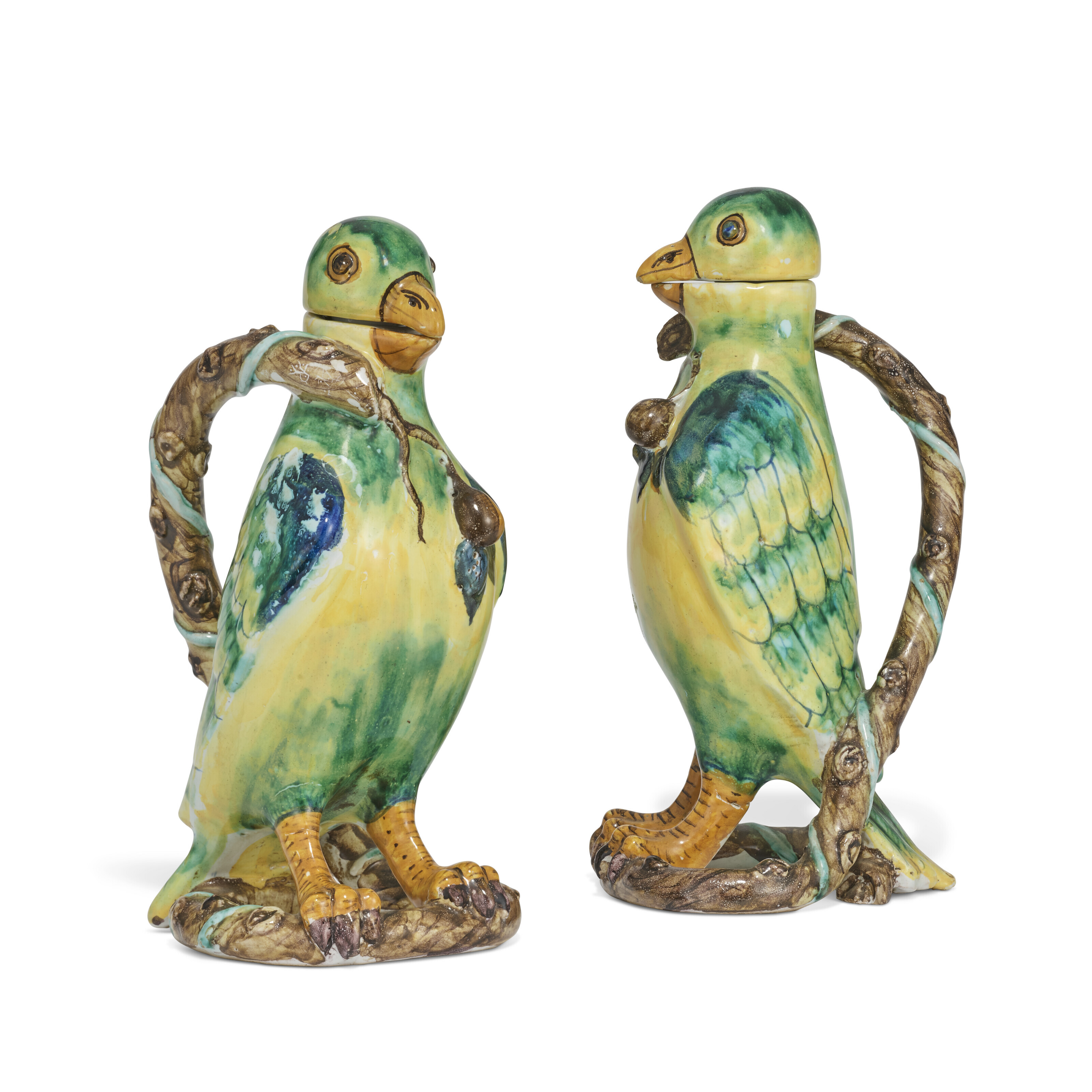 TWO GLEINITZ OR PROSKAU FAYENCE PARROT JUGS AND COVERS, CIRCA 1770-80 ...