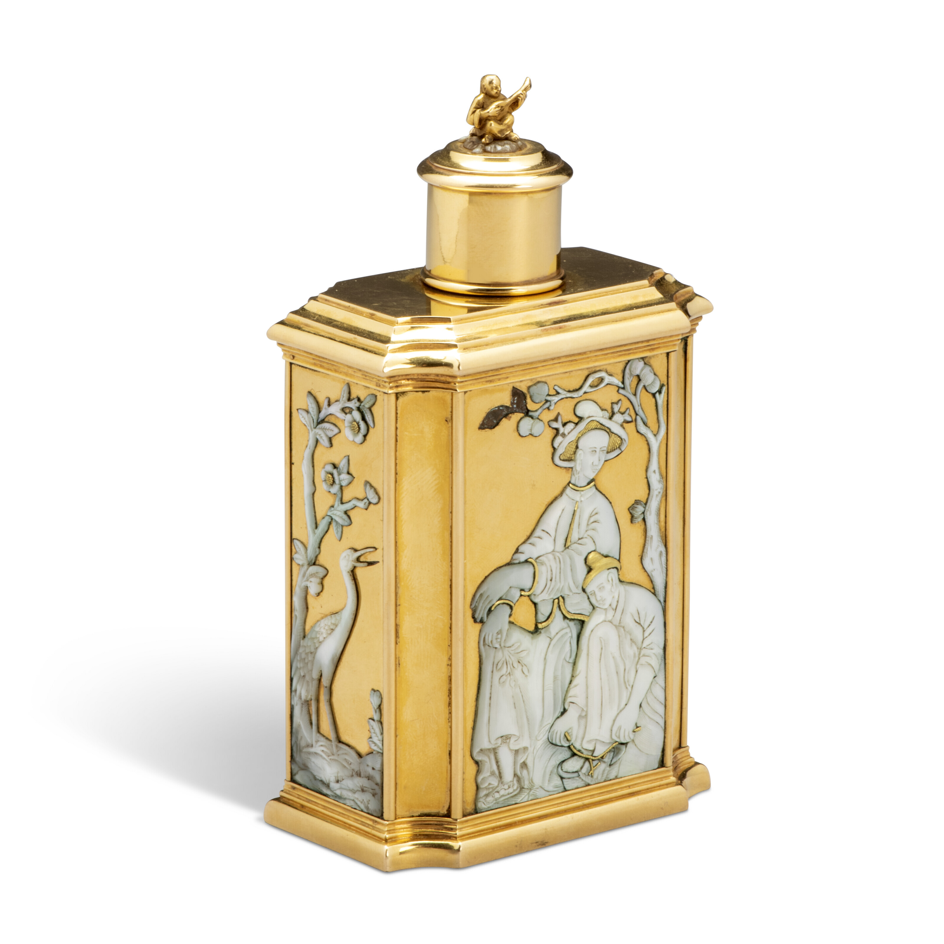 A GOLD AND MOTHER-OF-PEARL TOILET FLASK, POSSIBLY GERMAN OR ENGLAND ...