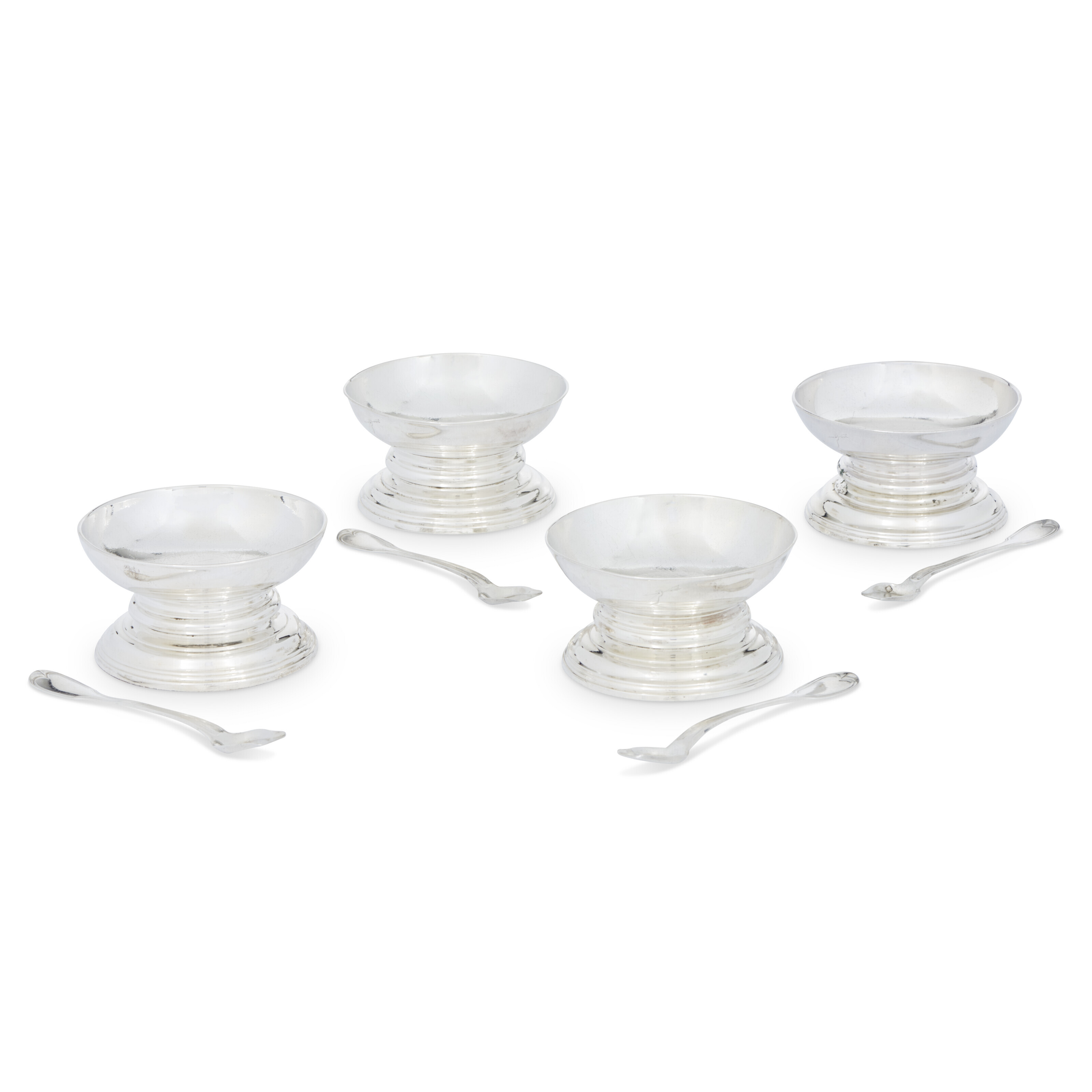 A PAIR OF GEORGE I SILVER SALTS CELLARS AND A MATCHING PAIR OF GEORGE ...