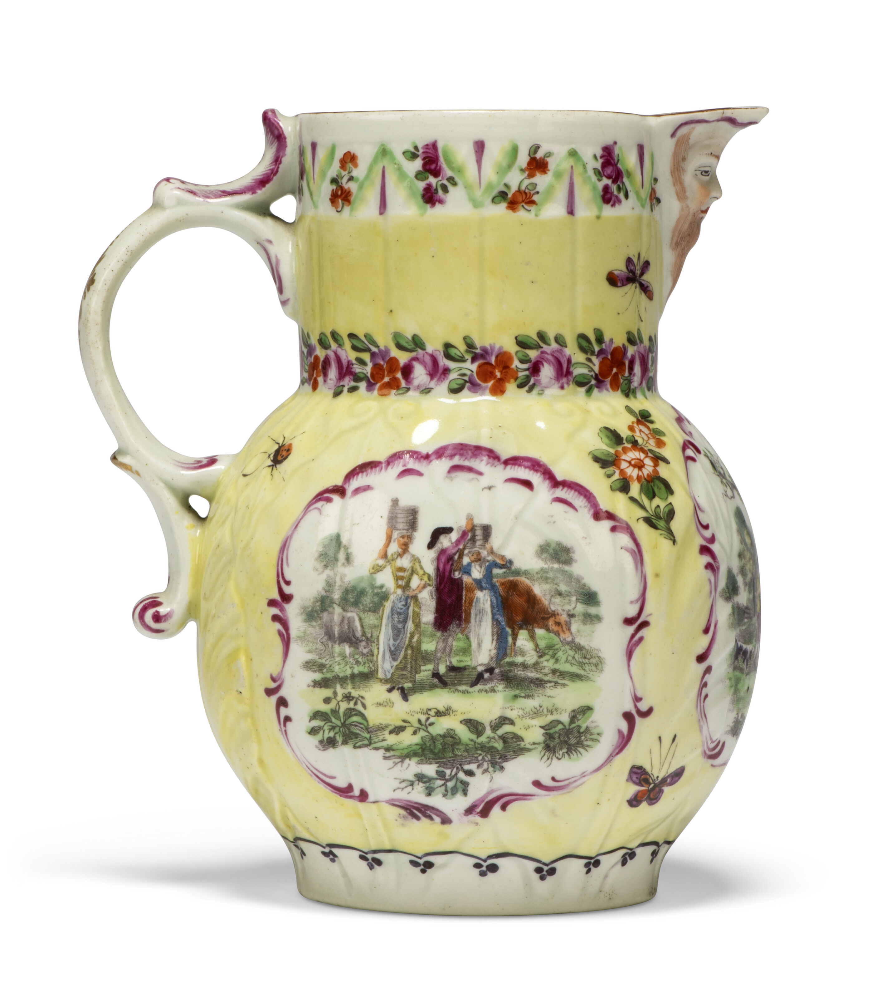A WORCESTER PORCELAIN YELLOW-GROUND MASK JUG, CIRCA 1765-68 | Christie’s