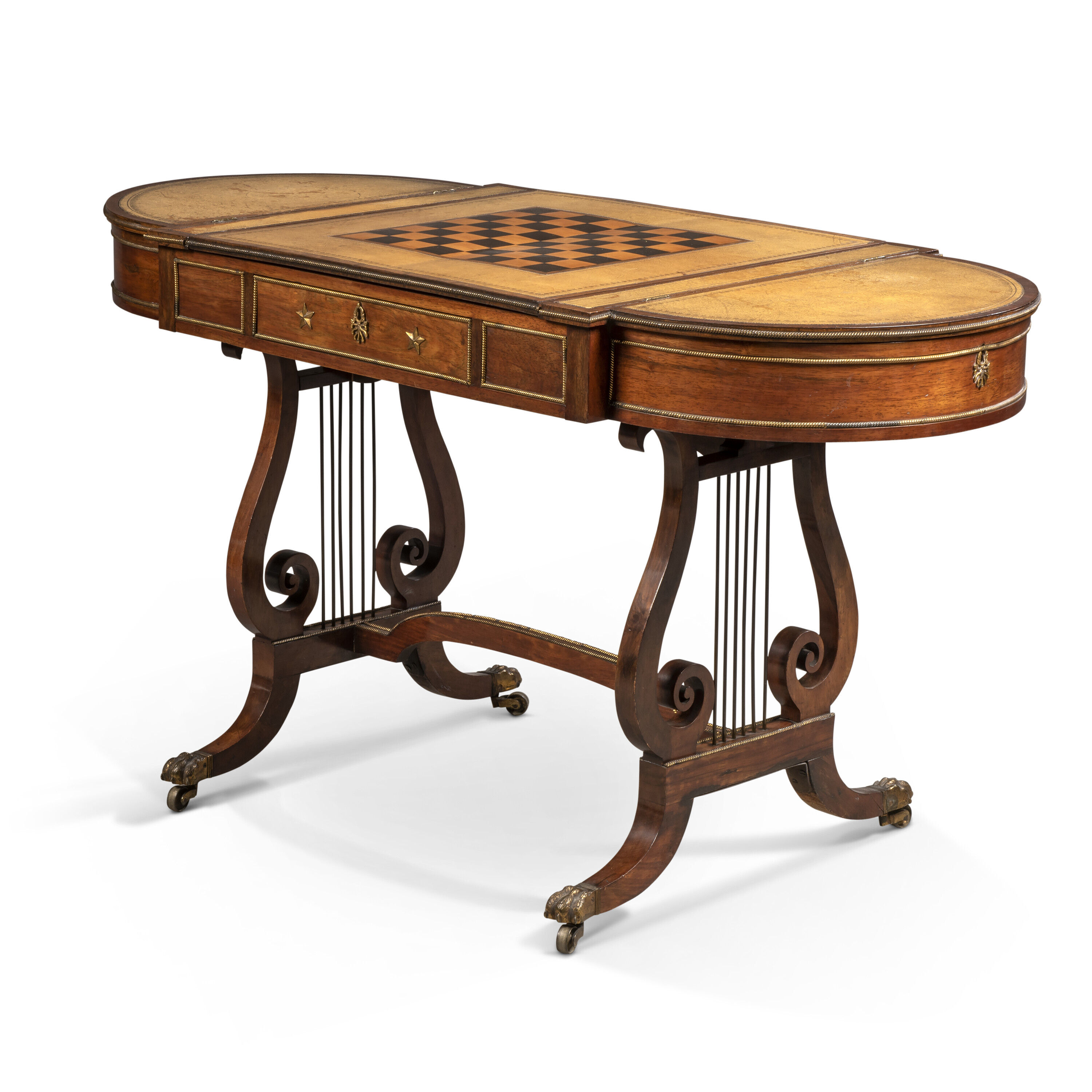 A REGENCY BRASS-MOUNTED BRAZILLIAN ROSEWOOD GAMES TABLE, IN THE MANNER ...