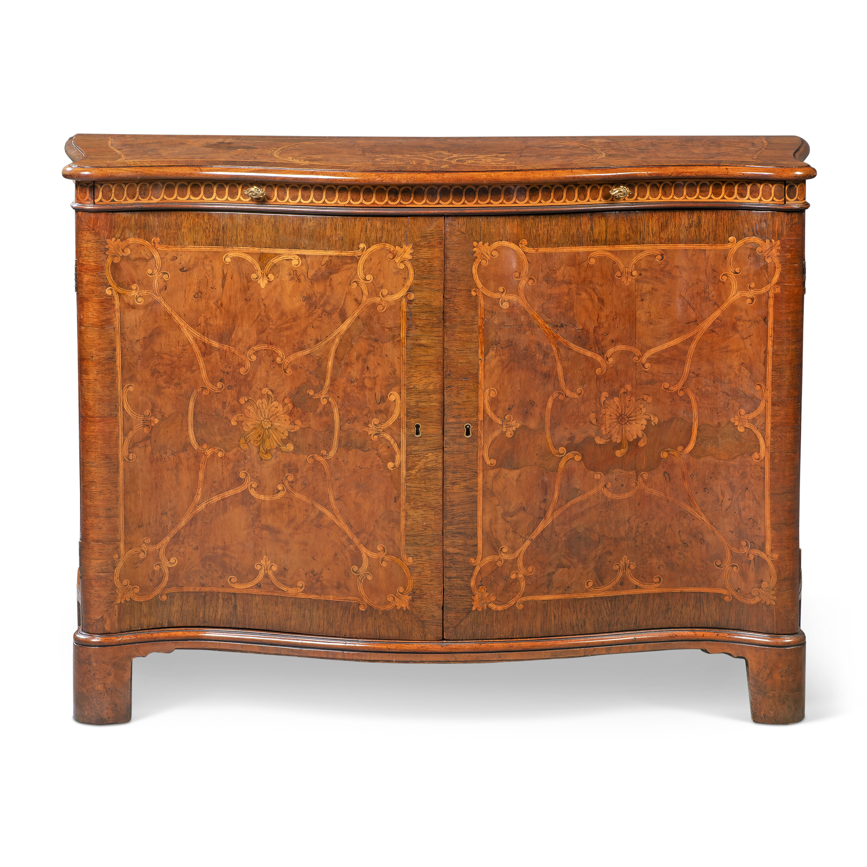 A GEORGE III YEW-WOOD, PADOUK AND MARQUETRY COMMODE, ATTRIBUTED TO INCE ...