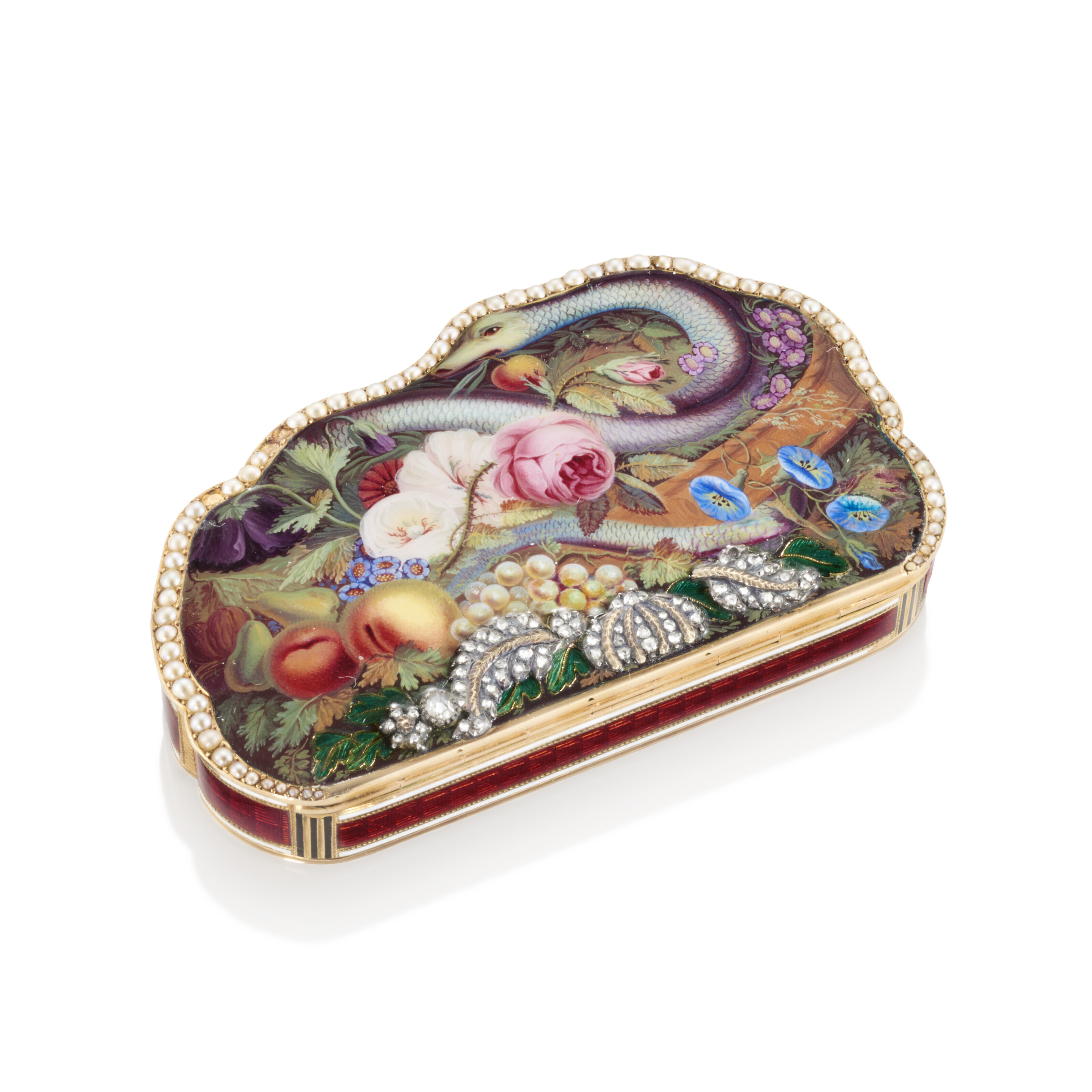 A SWISS JEWELLED AND ENAMELLED GOLD SNUFF-BOX, MARK OF SENÉ & NEISSER ...