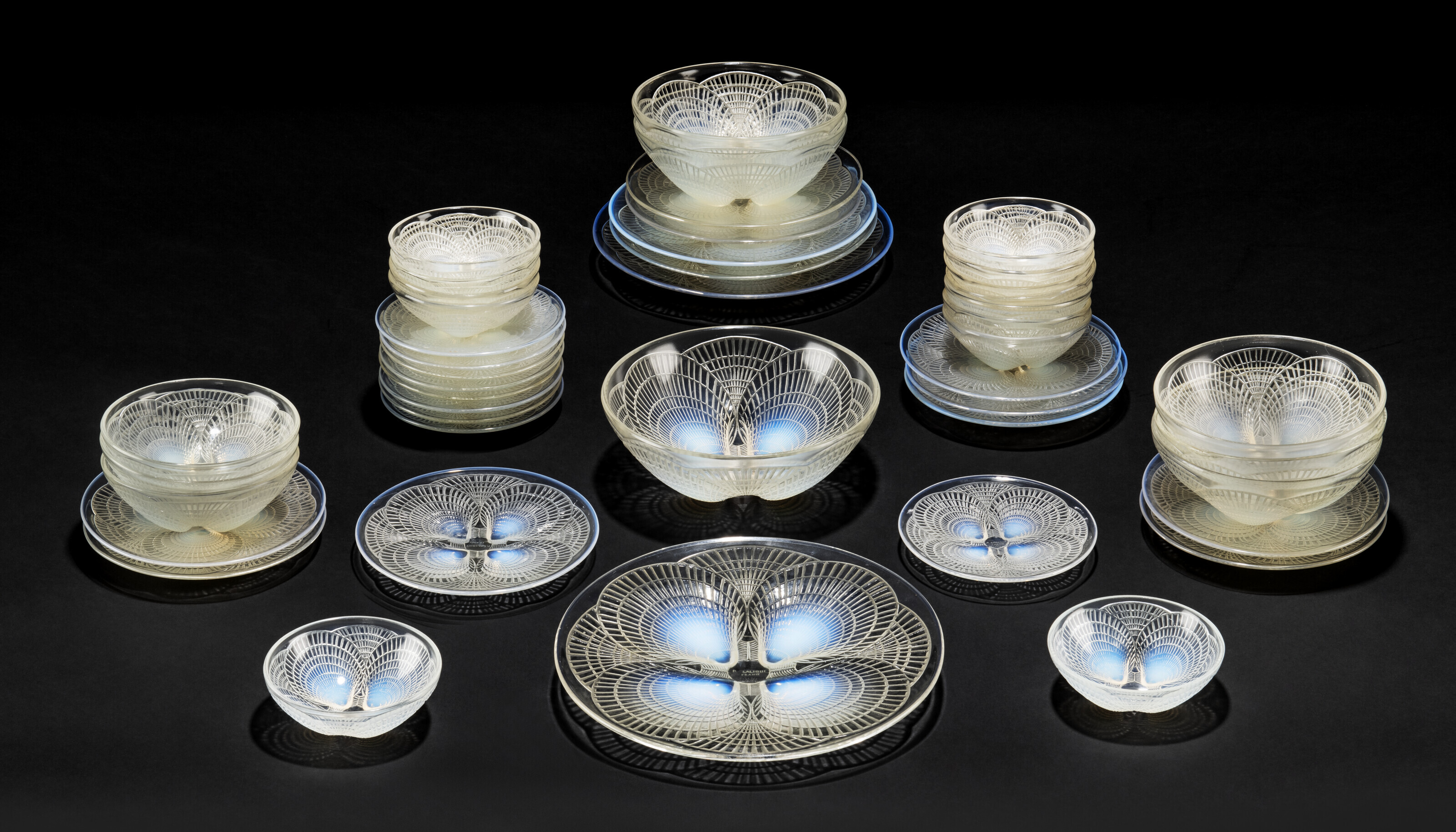 A LALIQUE OPALESCENT GLASS 'COQUILLES' PATTERN PART DESSERT-SERVICE ...