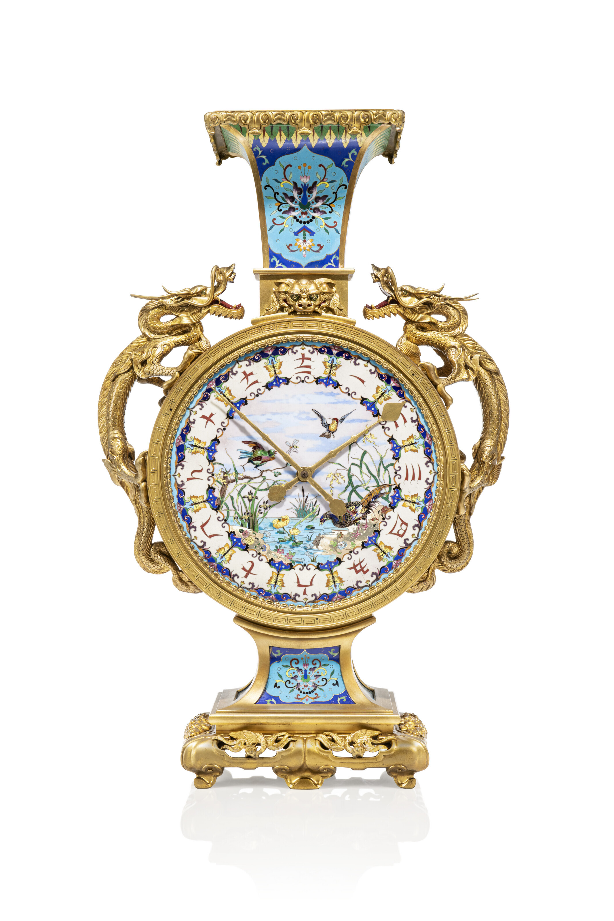 A LARGE FINE FRENCH ORMOLU AND CLOISONNE ENAMEL MOON FLASK CLOCK, CIRCA ...