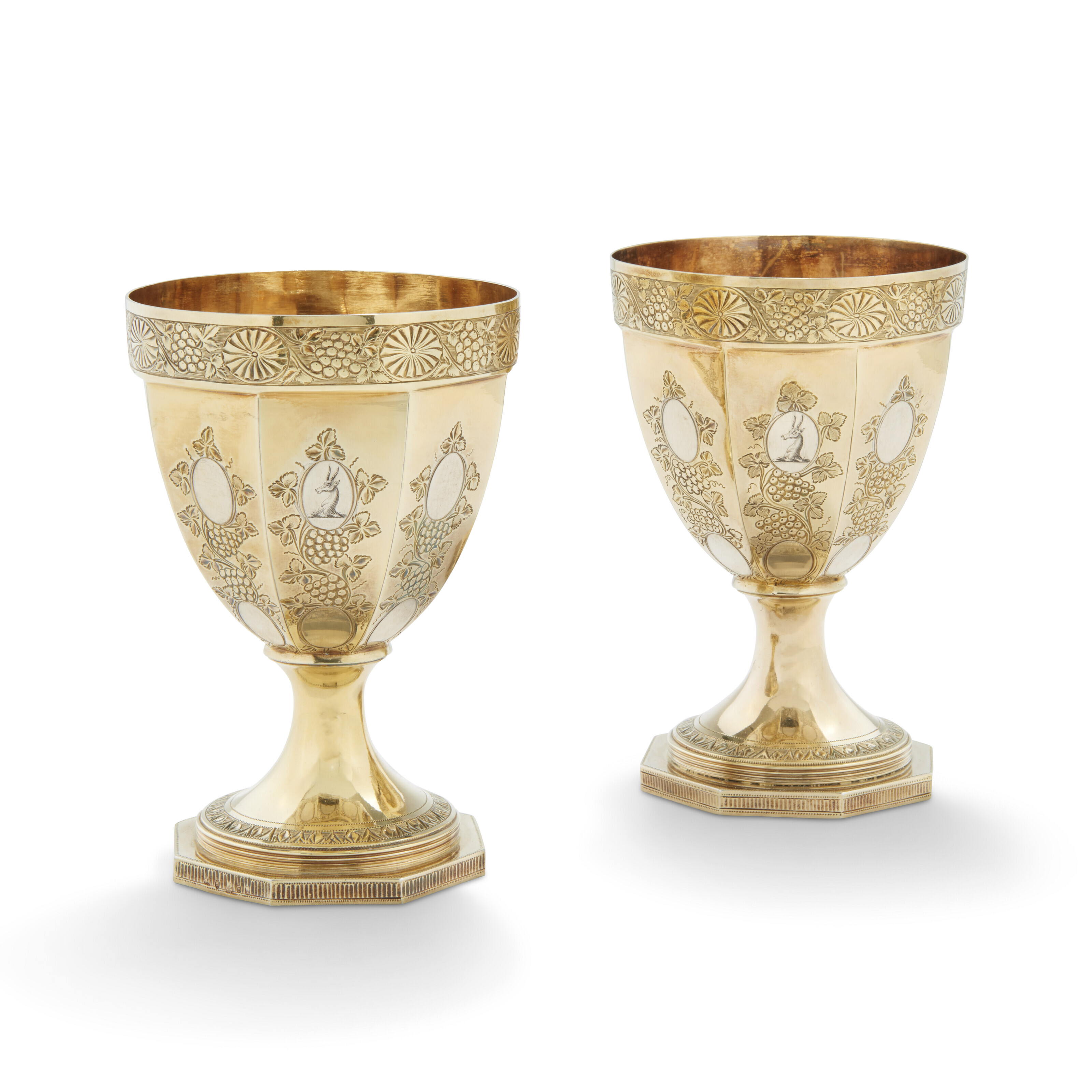 A PAIR OF GEORGE III SILVER GILT GOBLETS, MARK OF WILLIAM PITTS AND ...
