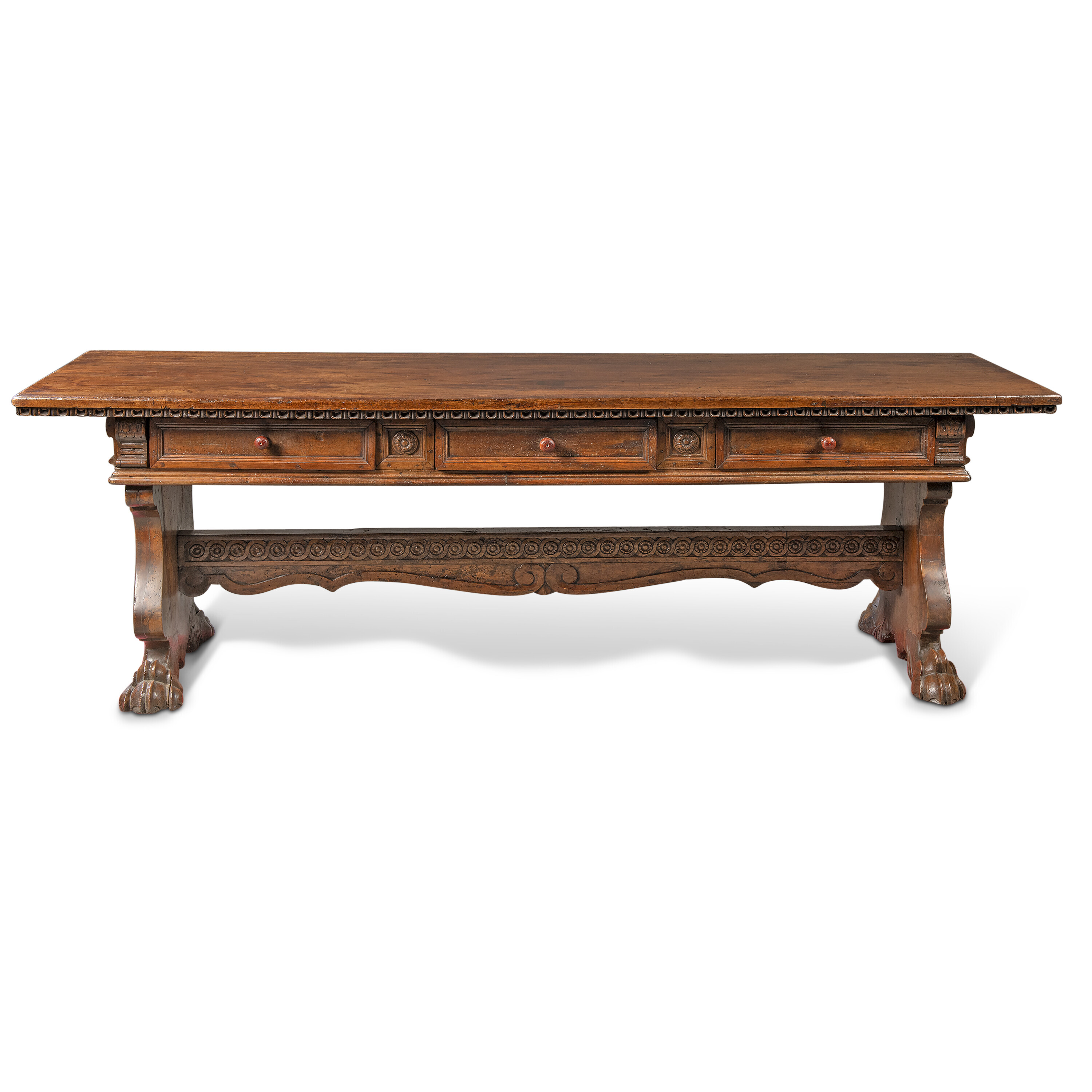 AN ITALIAN CARVED WALNUT REFECTORY TABLE, FIRST HALF 16TH CENTURY AND ...