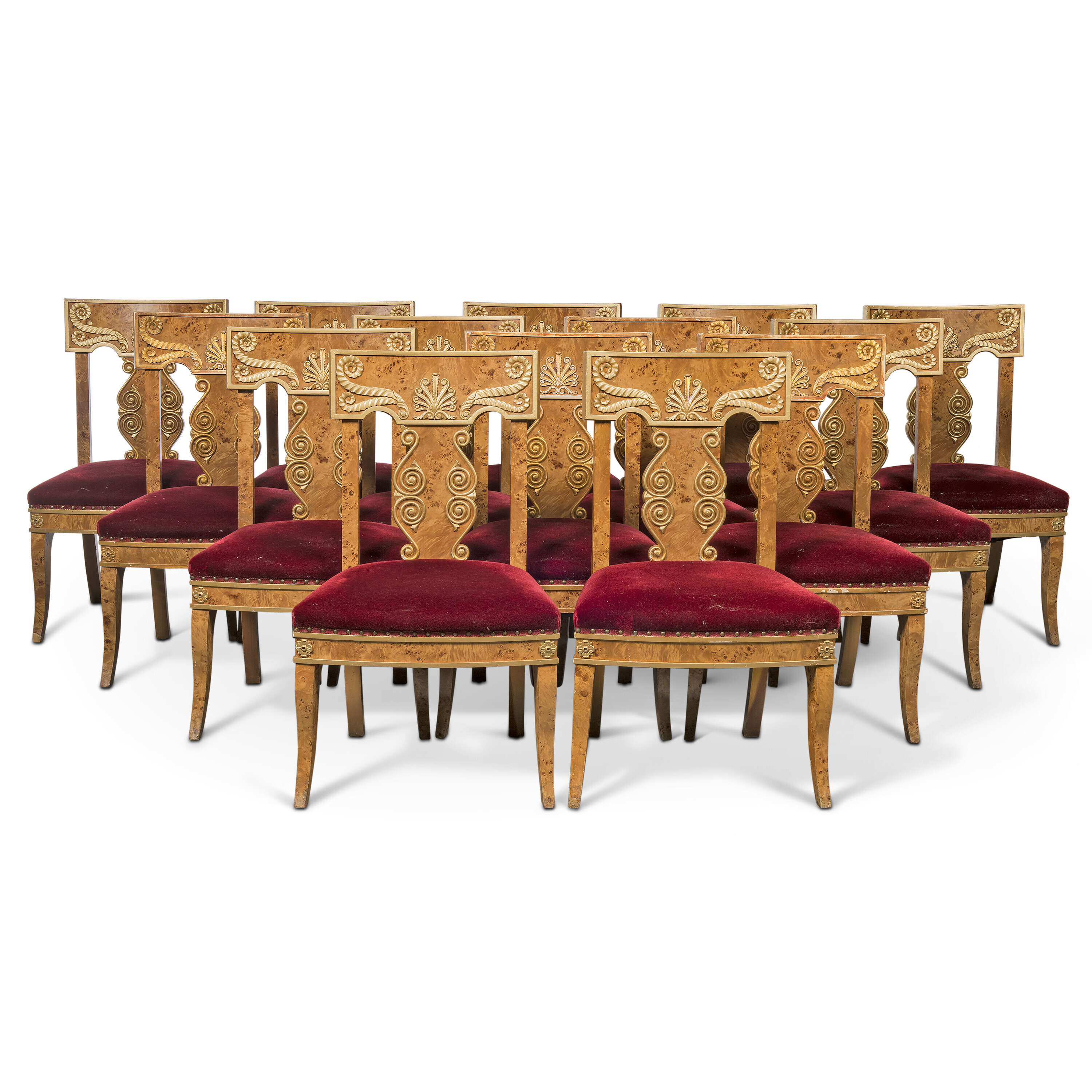 A SET OF FOURTEEN BURR-BIRCH AND PARCEL-GILT DINING-CHAIRS, BY MALLETT ...