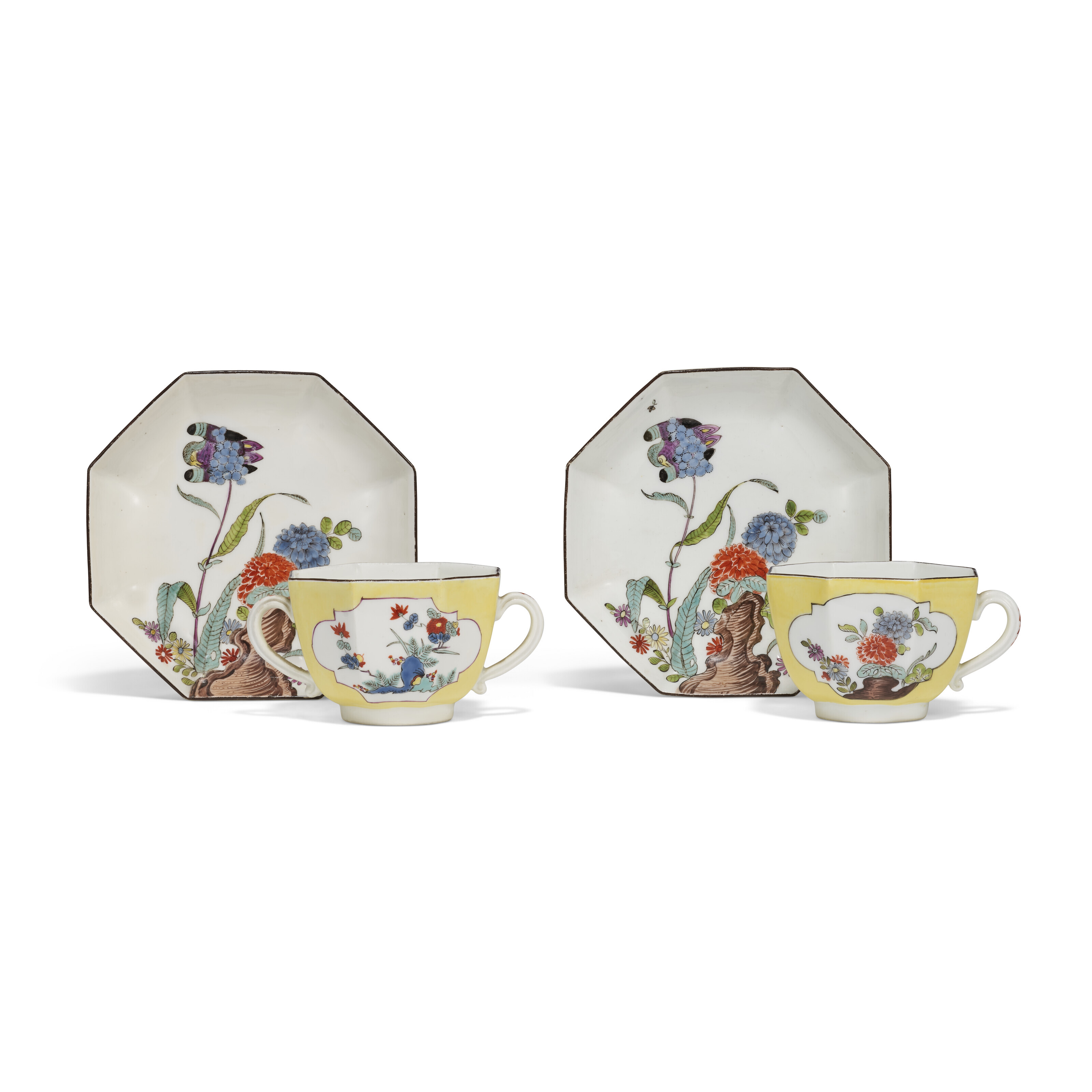 A MEISSEN PORCELAIN KAKIEMON YELLOW-GROUND OCTAGONAL CUP AND TWO ...