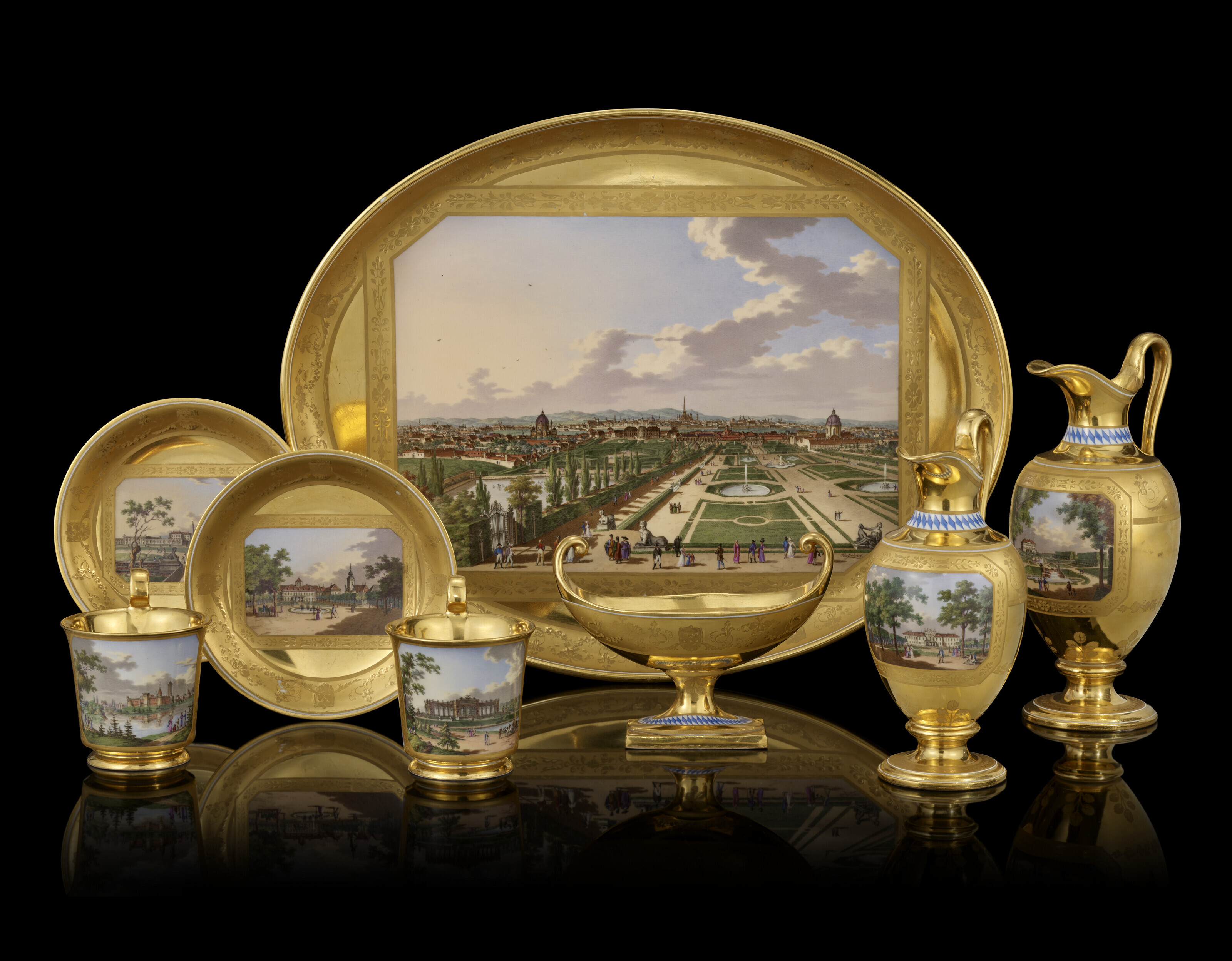 A VIENNA PORCELAIN GOLD-GROUND TOPOGRAPHICAL DEJEUNER, 1816, BLUE ...