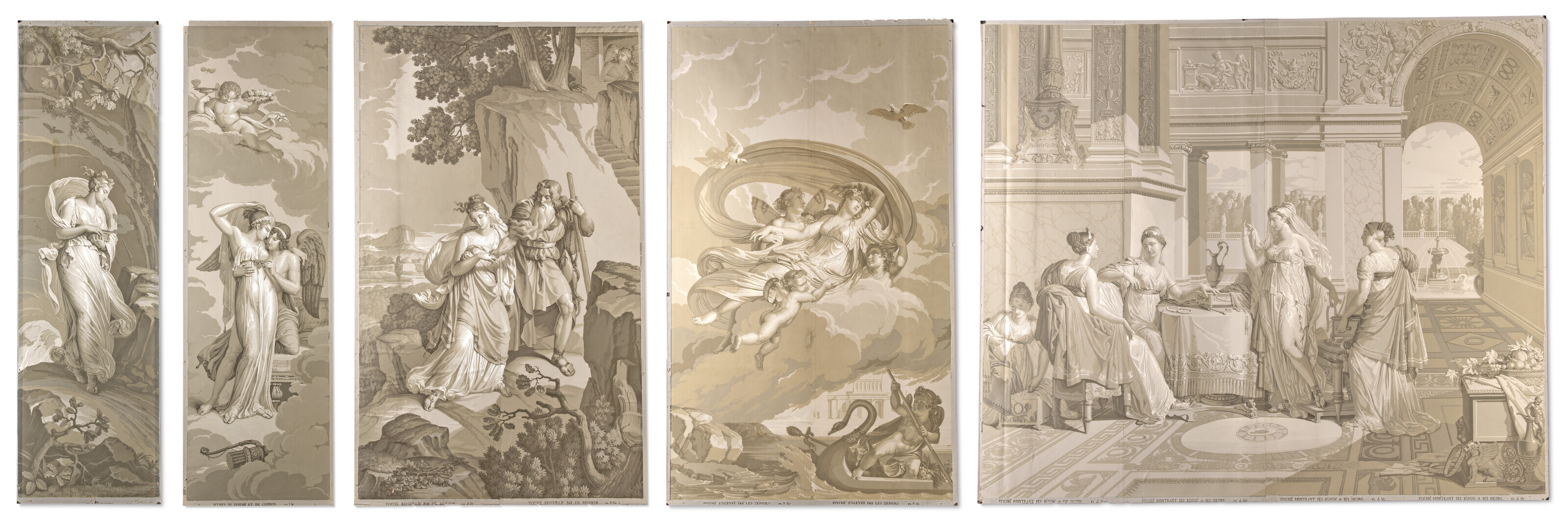 A SET OF FIVE FRENCH GRISAILLE WALLPAPER PANELS, BY DESFOSSE & KARTH ...