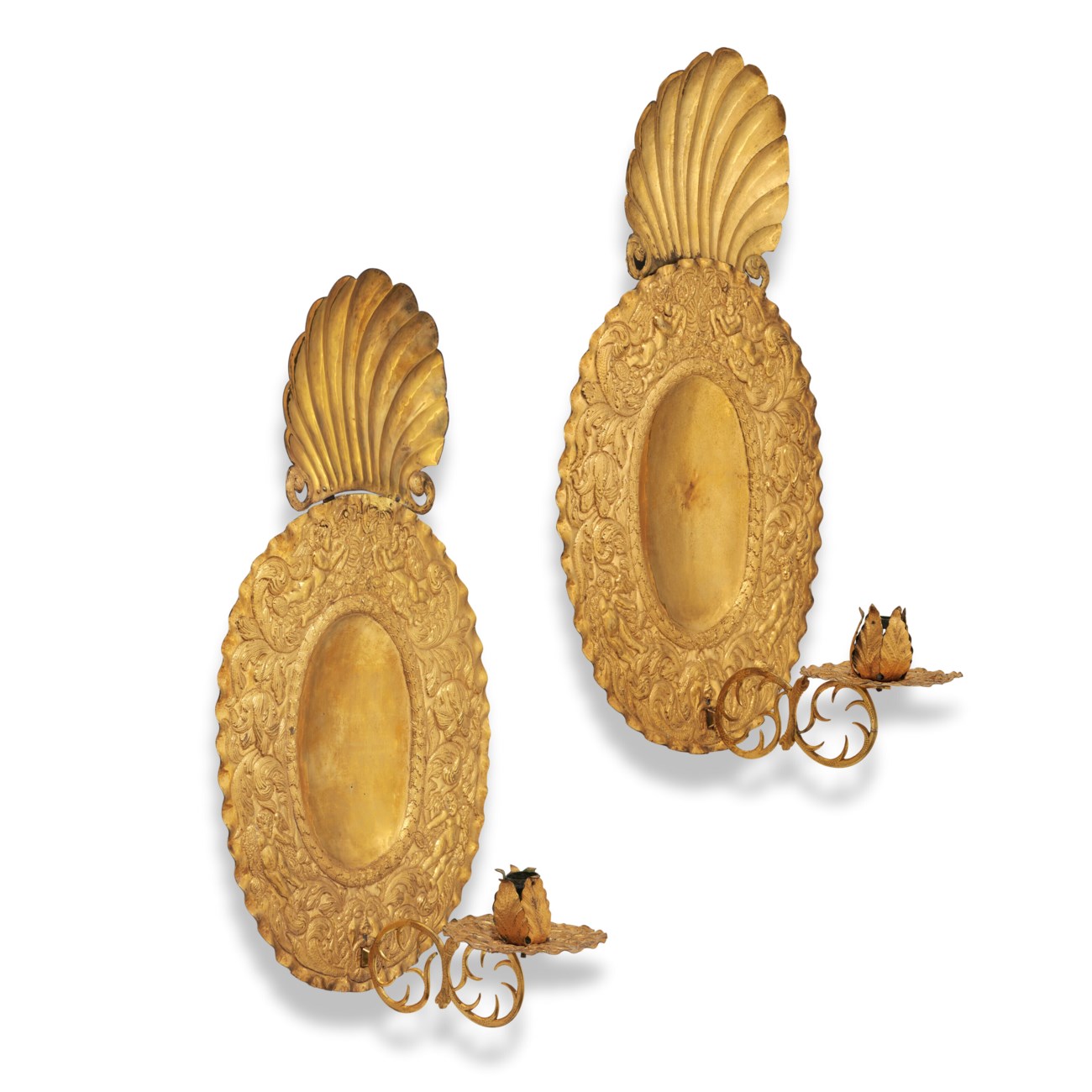 A PAIR OF REPOUSSE GILT-METAL WALL APPLIQUES, PROBABLY 17TH CENTURY ...