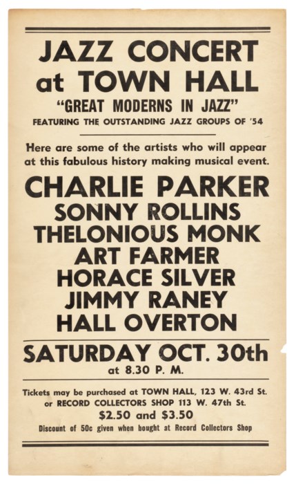 Small format concert poster for Charlie Parker headlining Great Moderns ...