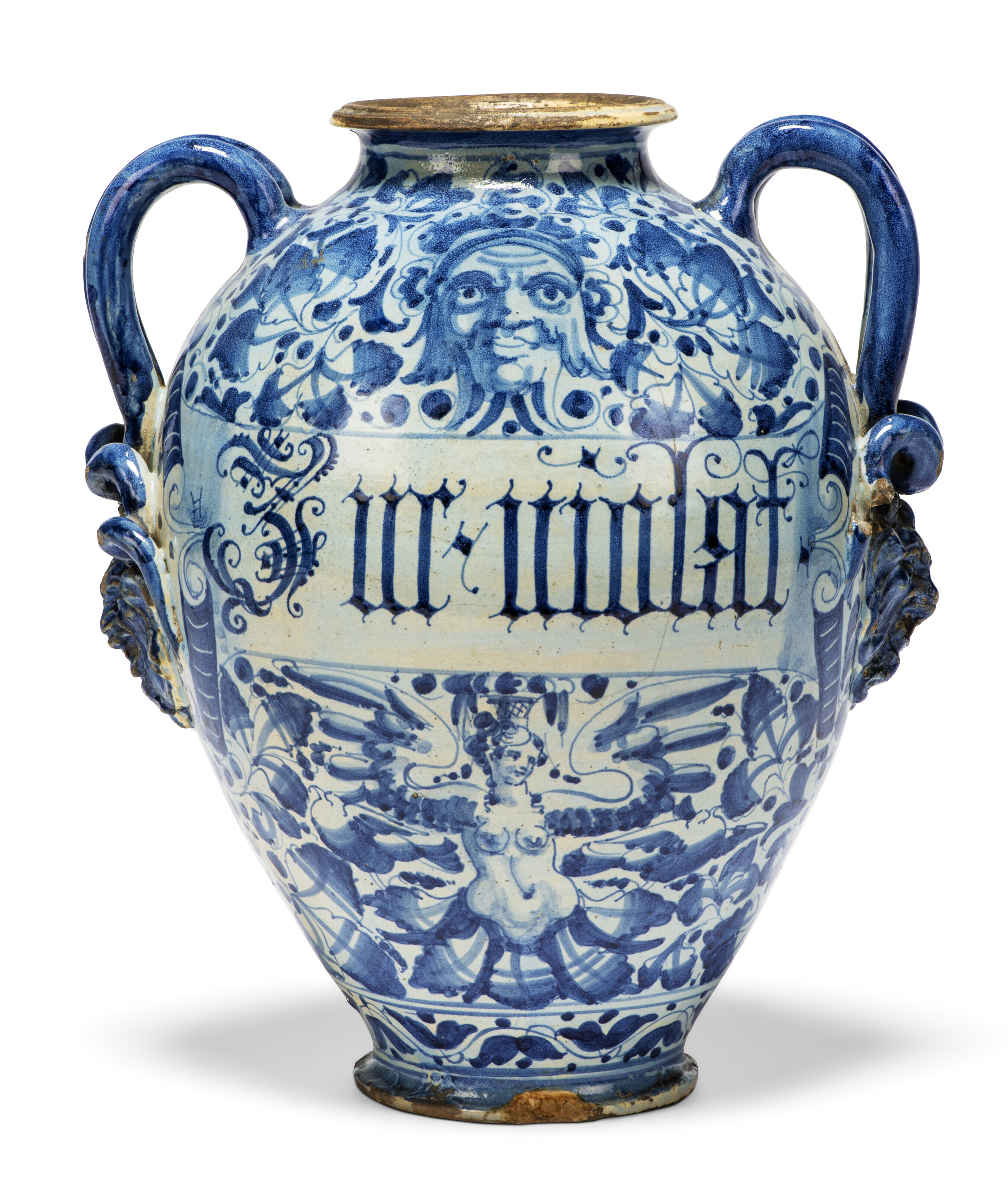 AN ITALIAN MAIOLICA BLUE AND WHITE TWO-HANDLED ALBARELLO, LATE 16TH ...