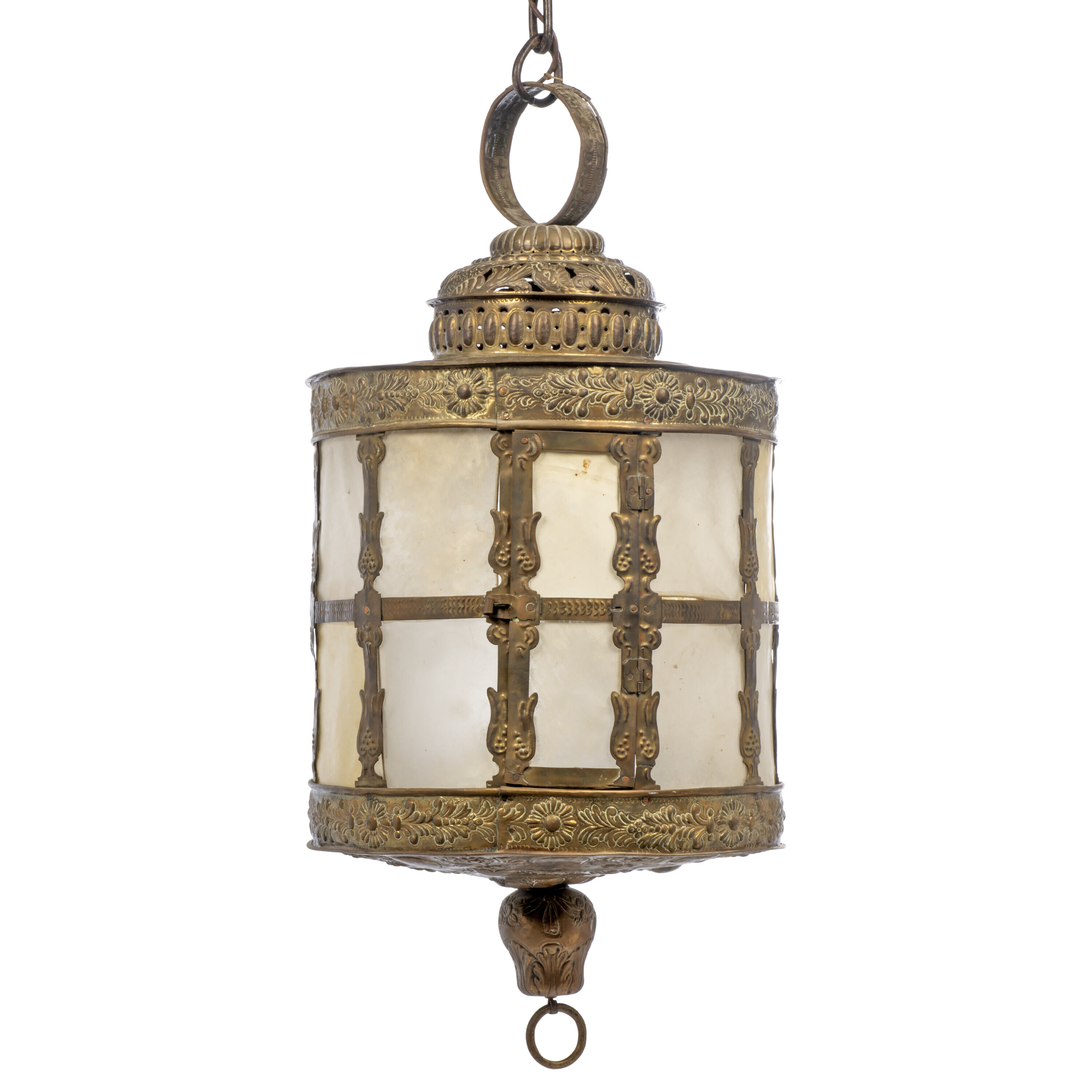 A NORTH EUROPEAN REPOUSSE-BRASS AND PIGSKIN LANTERN, PROBABLY 19TH ...