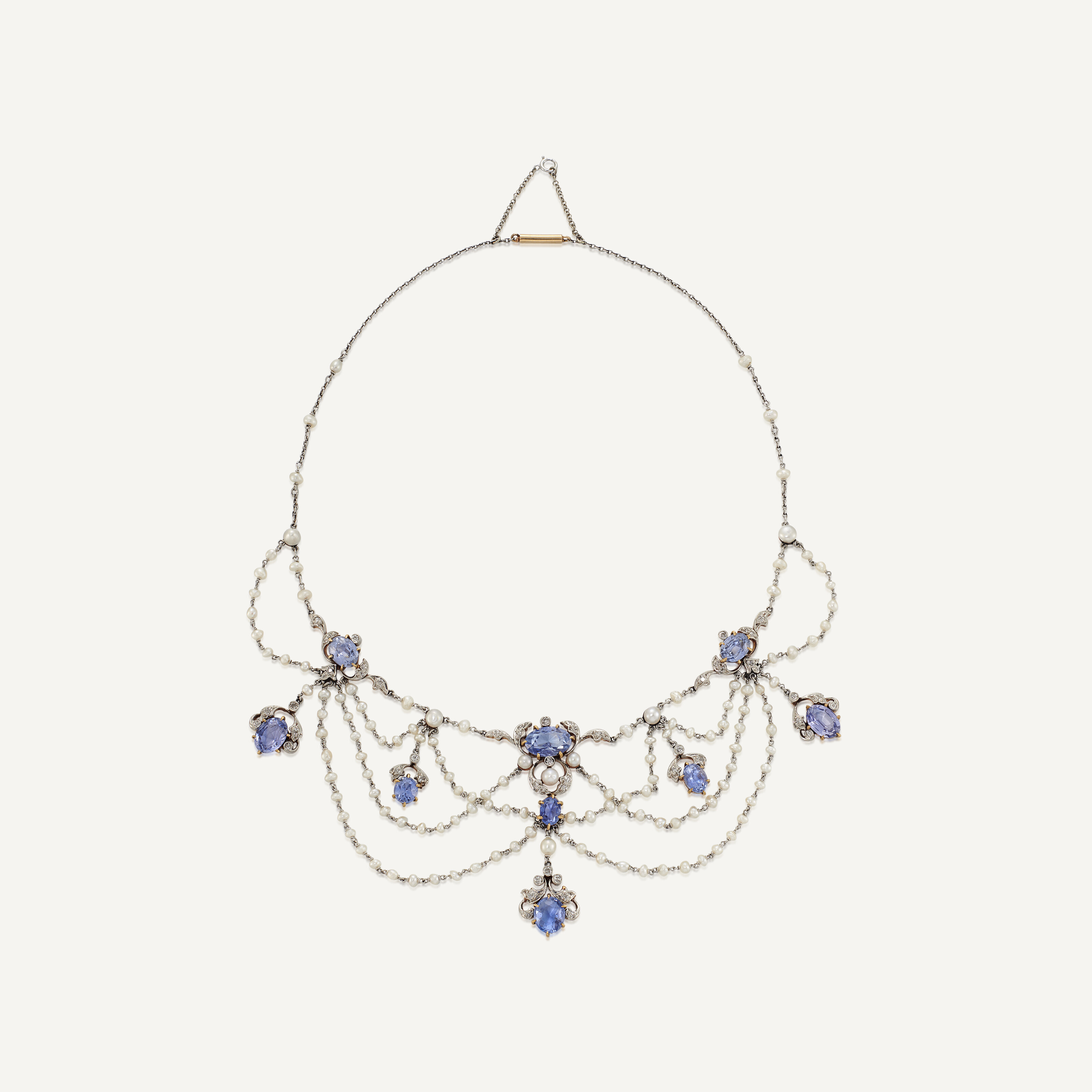 EARLY 20TH CENTURY SAPPHIRE, DIAMOND AND SEED PEARL SWAG NECKLACE ...