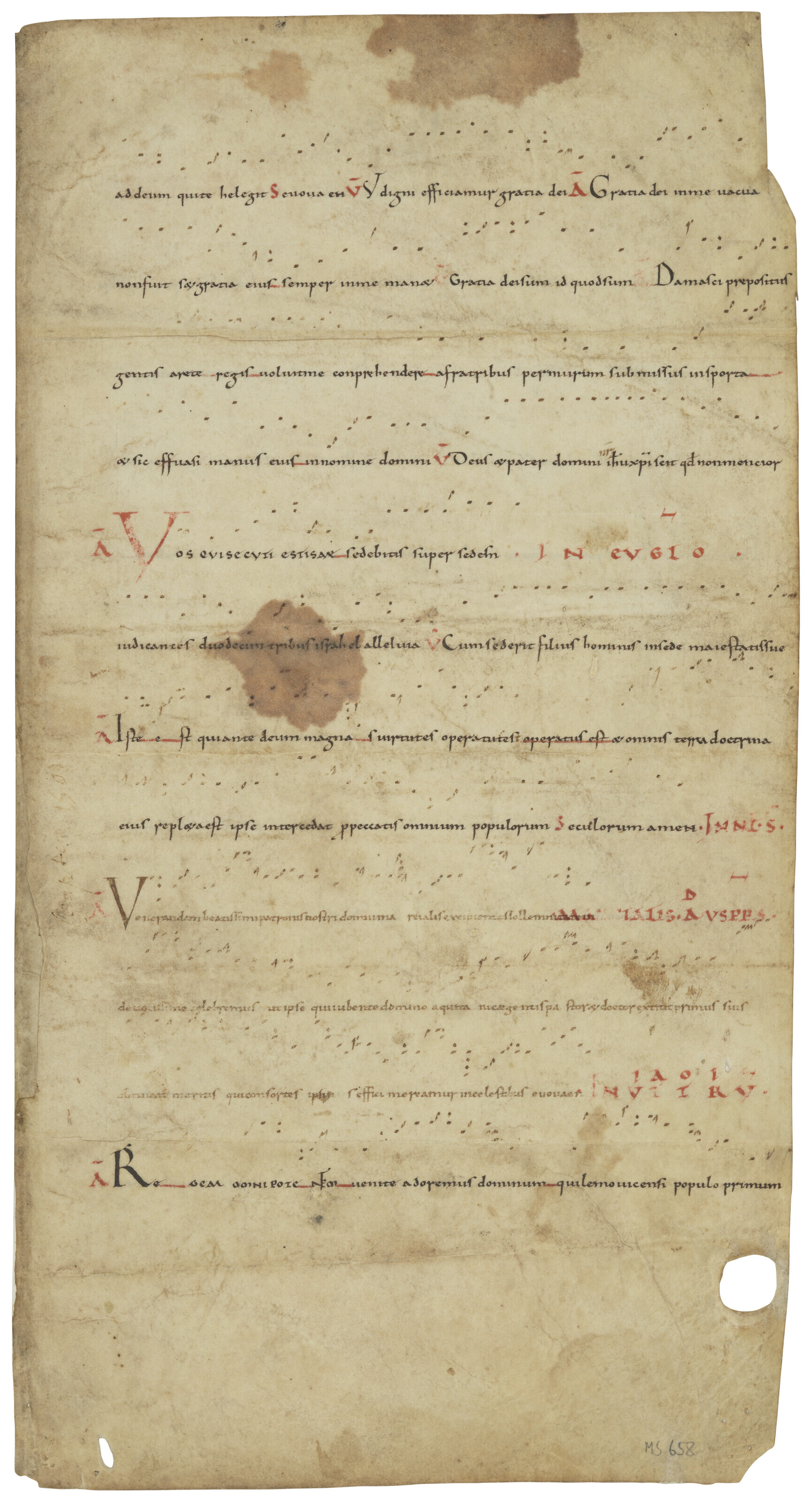 Aquitanian neumes, A leaf from an Antiphonal, in Latin, manuscript on ...