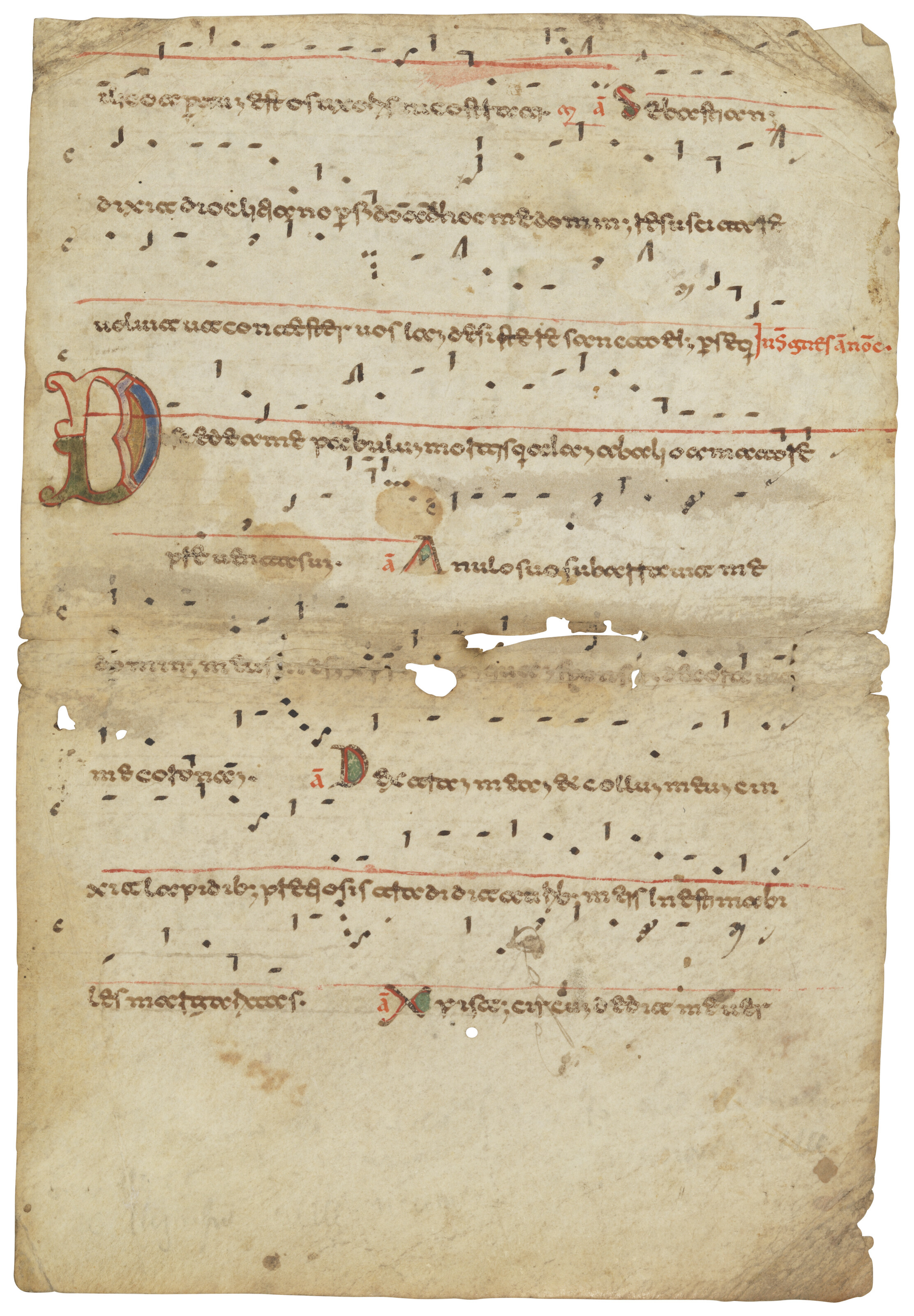 Beneventan neumes, A leaf from an Antiphonal, in Latin, decorated ...