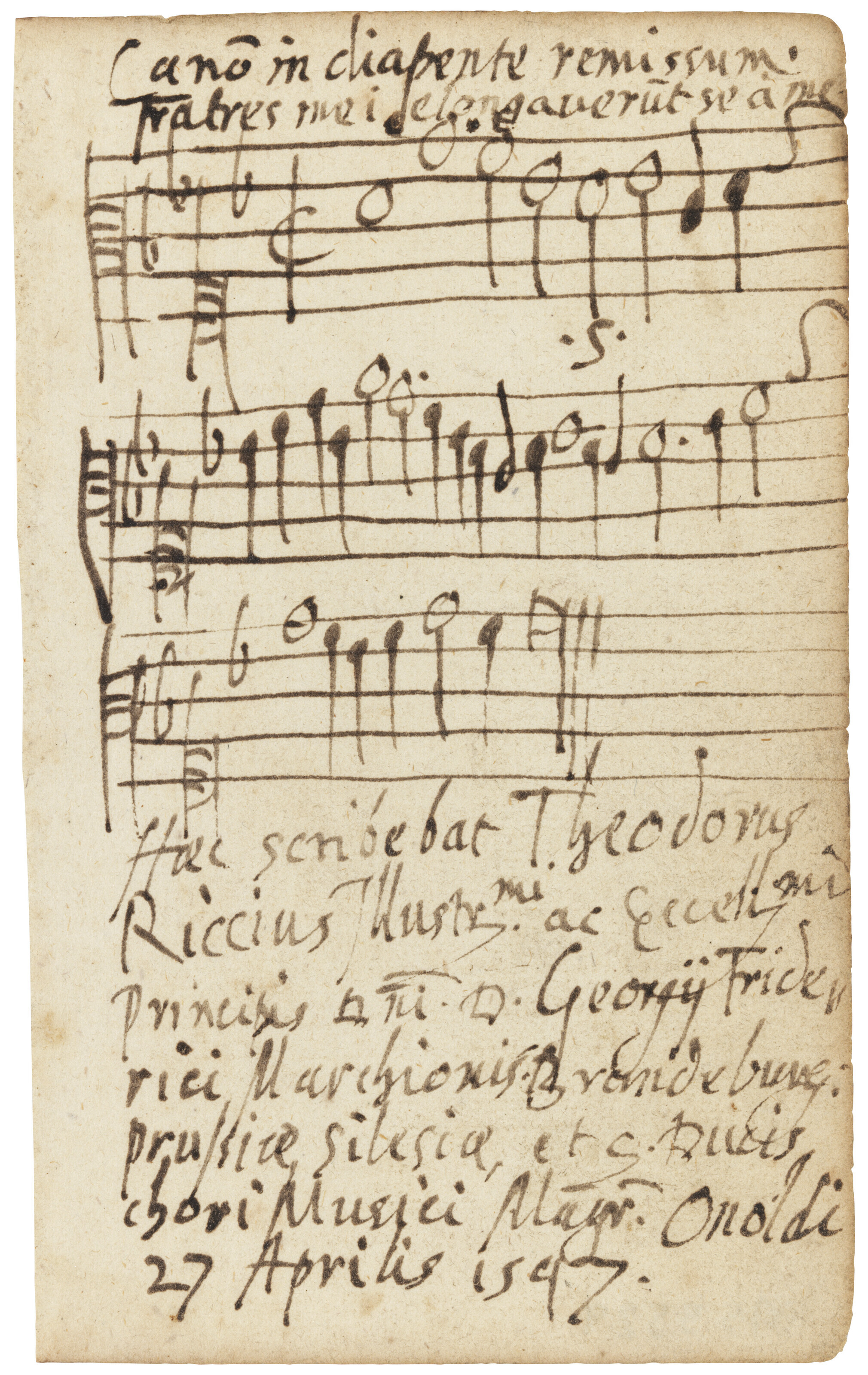 Teodore Riccio (1540-1600), Autograph musical manuscript signed ...