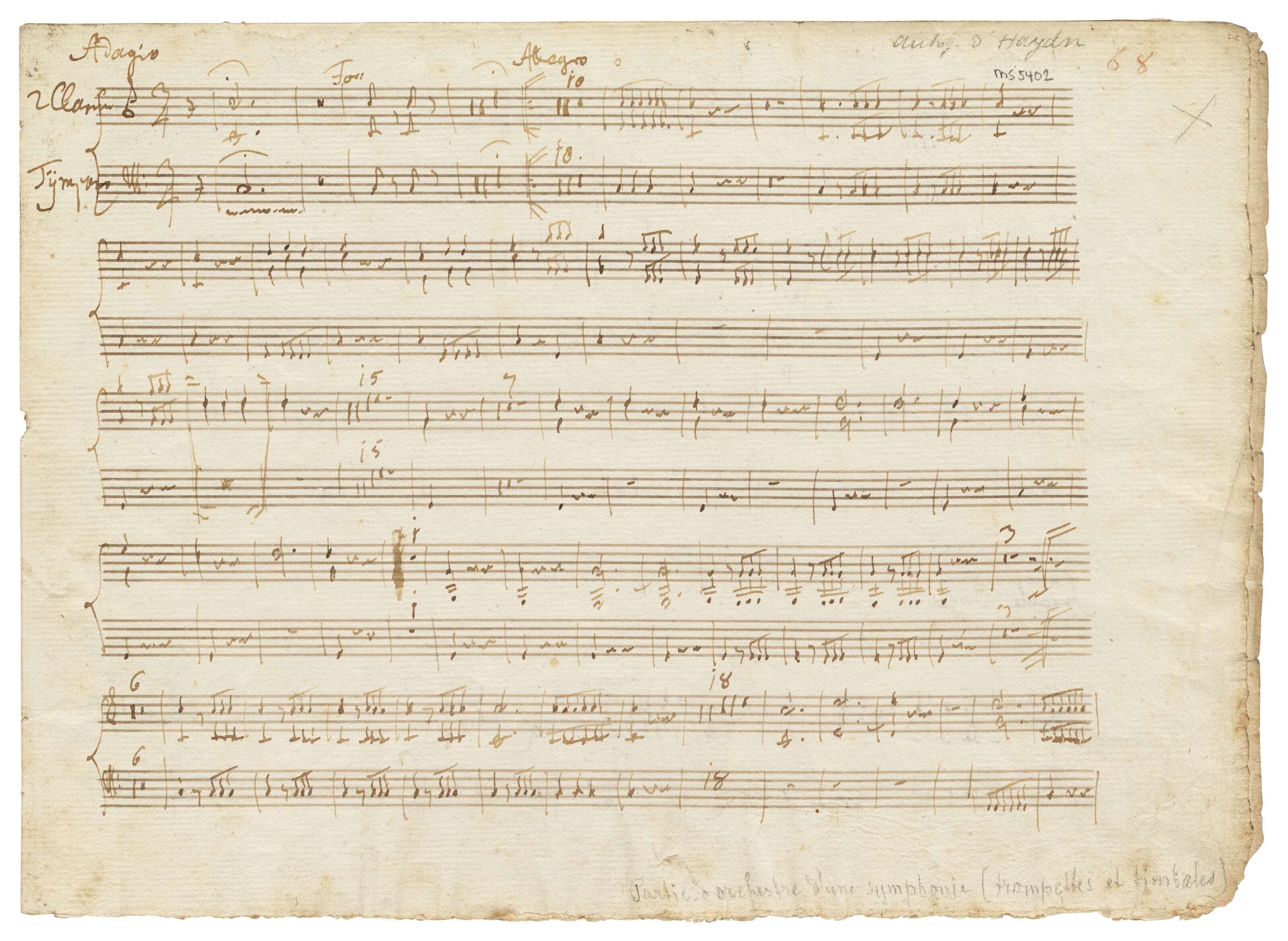 Joseph Haydn (1732-1809), Autograph music manuscript, performance parts ...