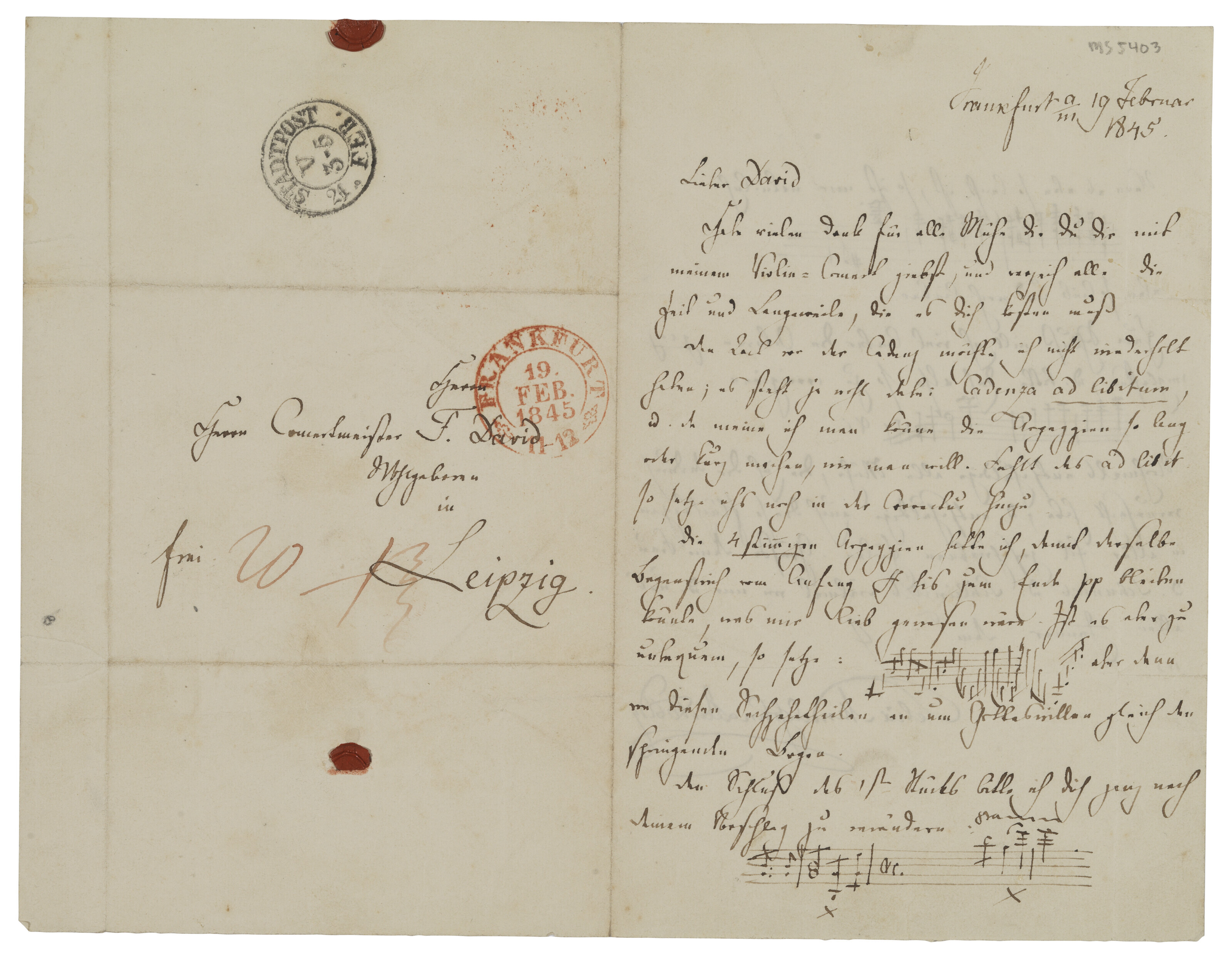 Felix Mendelssohn (1809-1847), Autograph letter signed ('Felix ...