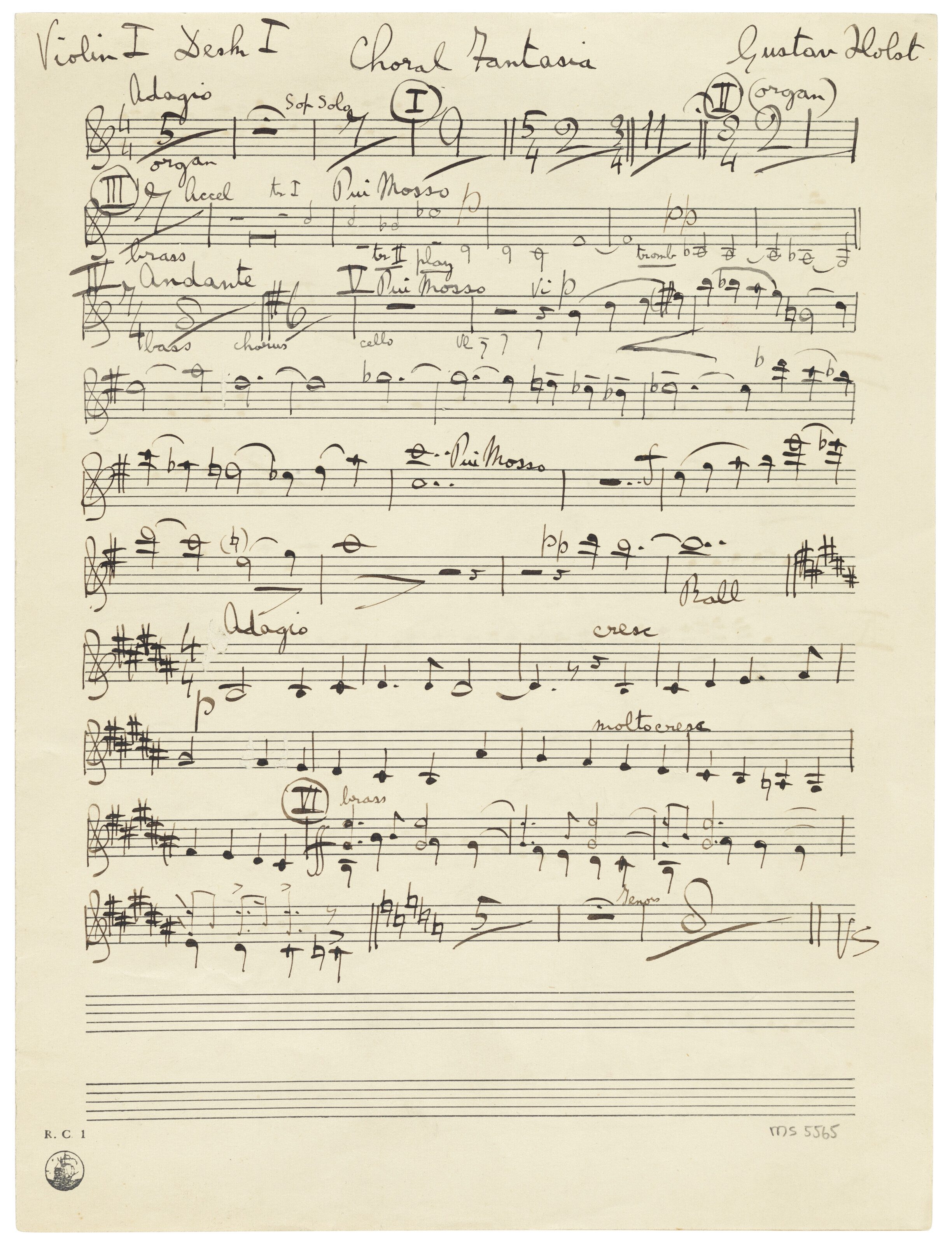 Gustav Holst (1874-1934), Autograph manuscript signed ('Gustav Holst ...