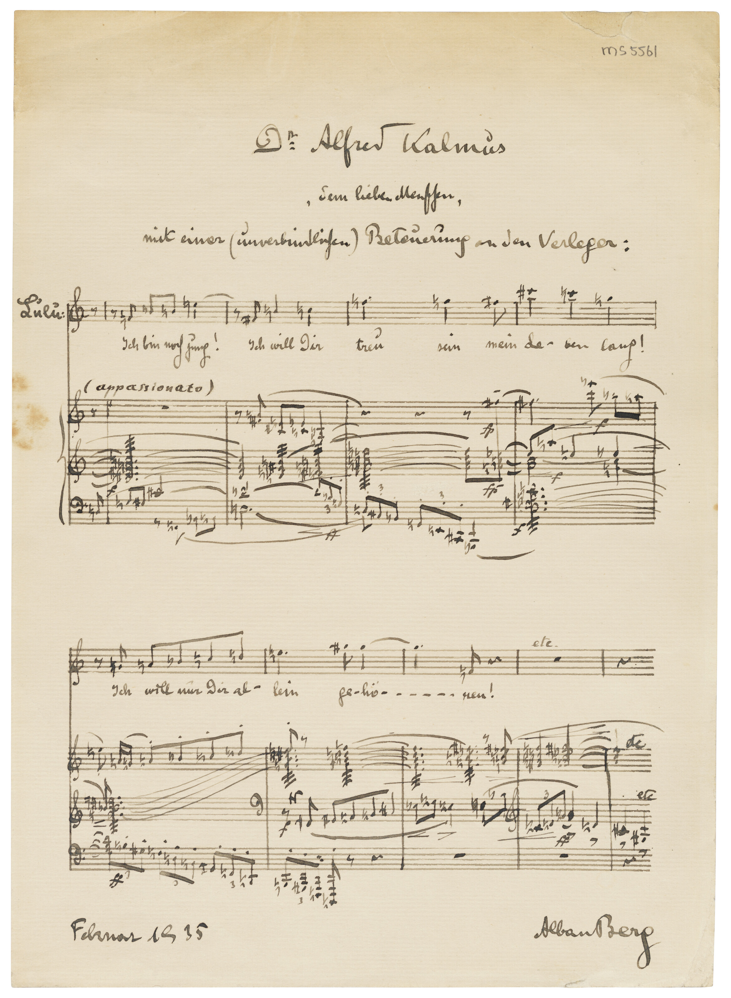 Alban Berg (1885-1935), Autograph musical quotation from Lulu inscribed ...
