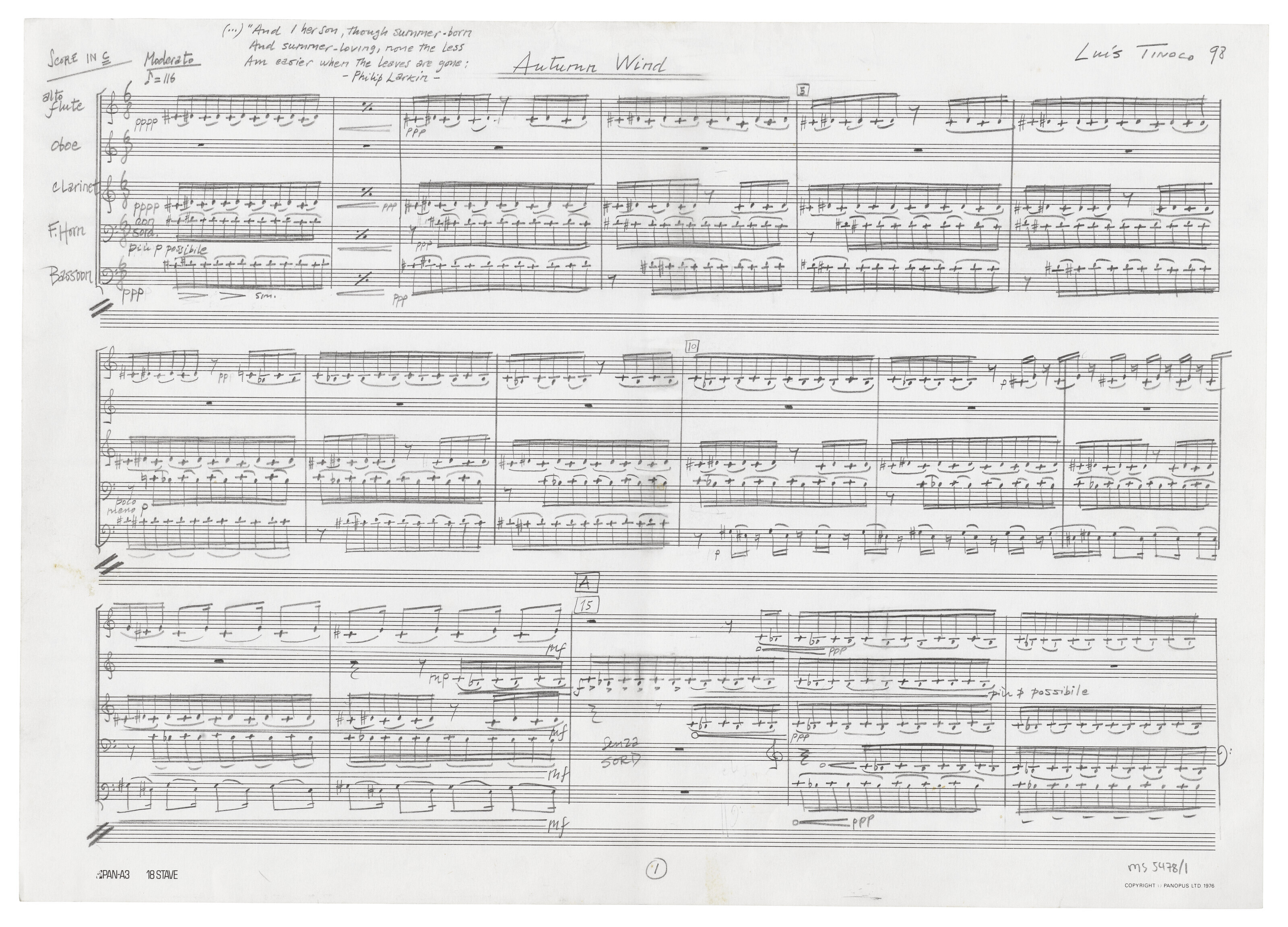Luís Tinoco (b.1969), Autograph manuscript signed (in ink, 'Luís Tinoco ...