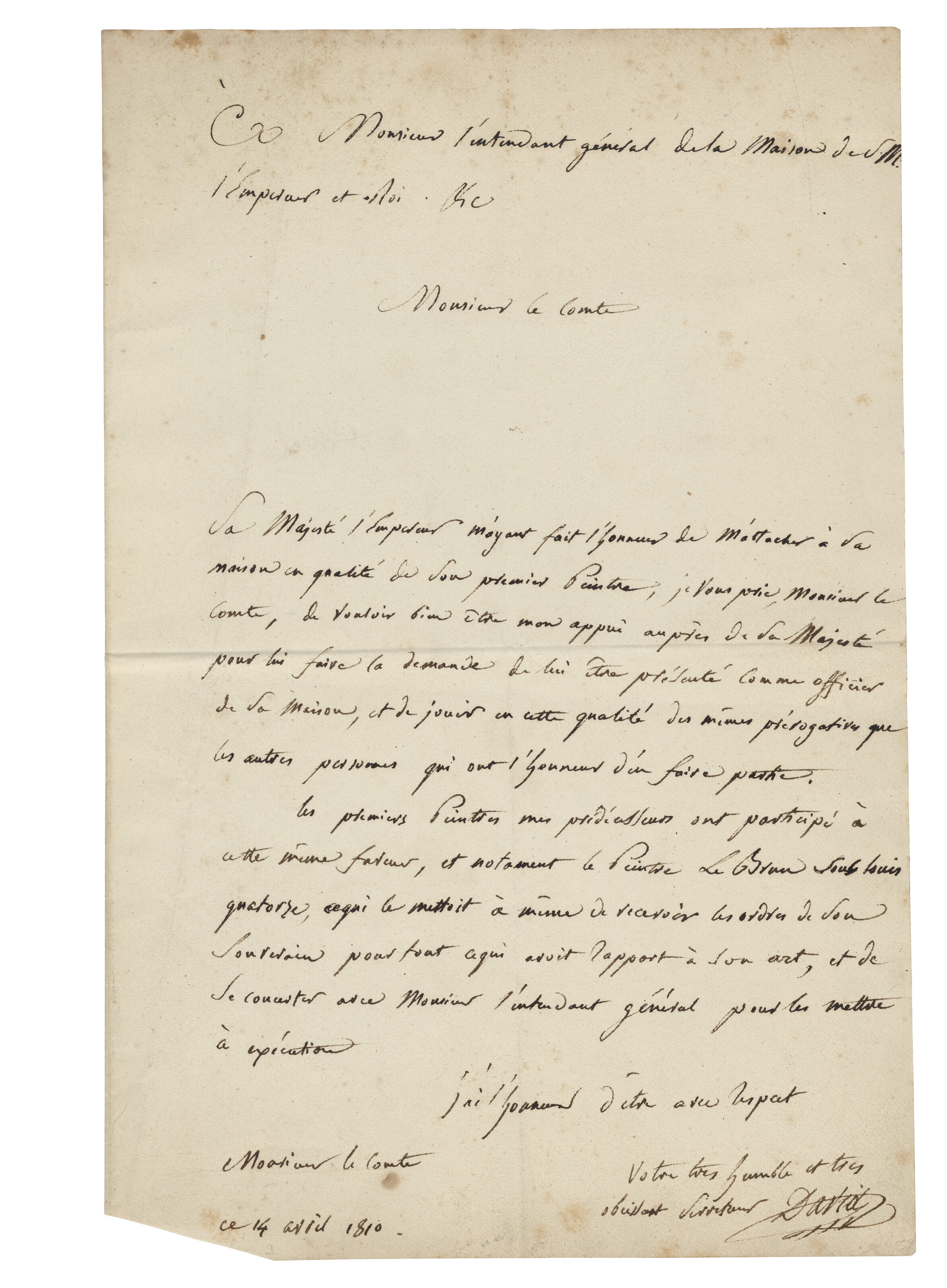 Jacques-Louis David (1748-1825), Autograph letter signed (‘David’) to ...