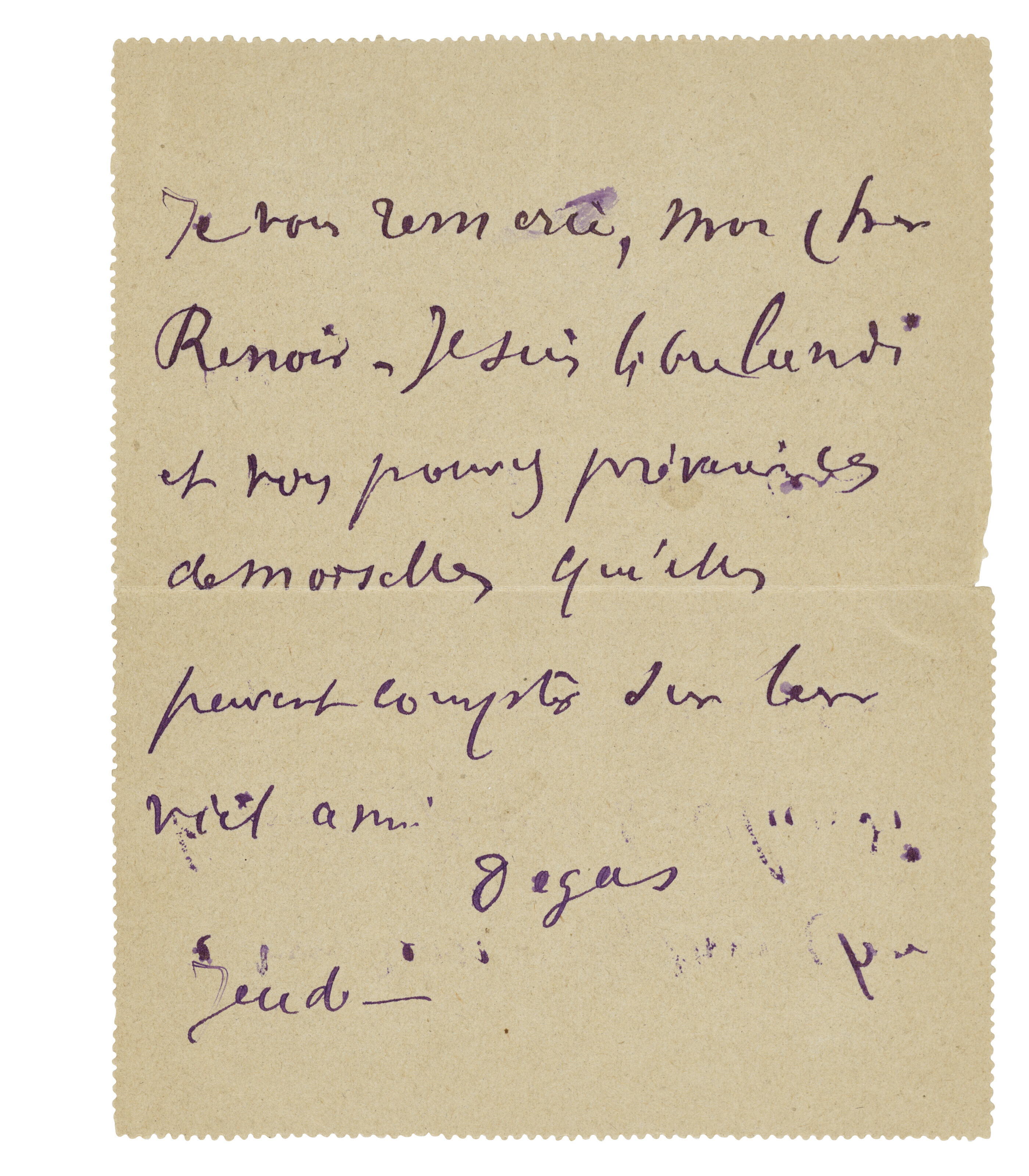 Edgar Degas (1834-1917), Autograph letter signed ('Degas') to Auguste ...