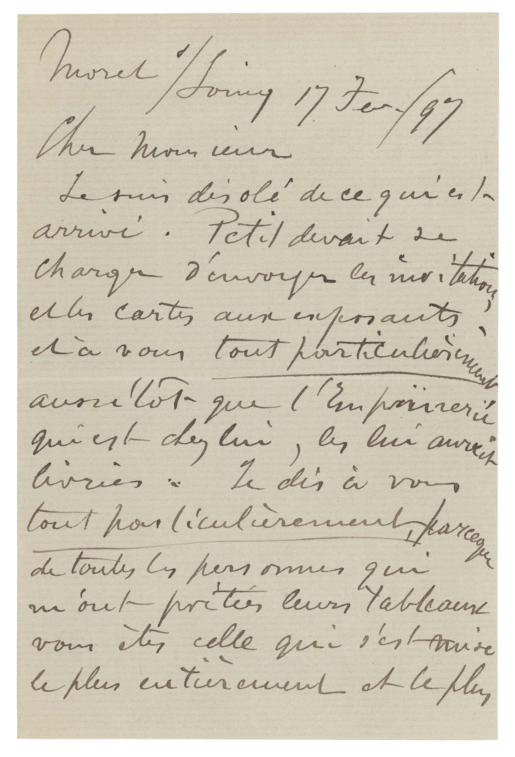 Alfred Sisley (1839-1899), Three autograph letters signed (‘A. Sisley ...