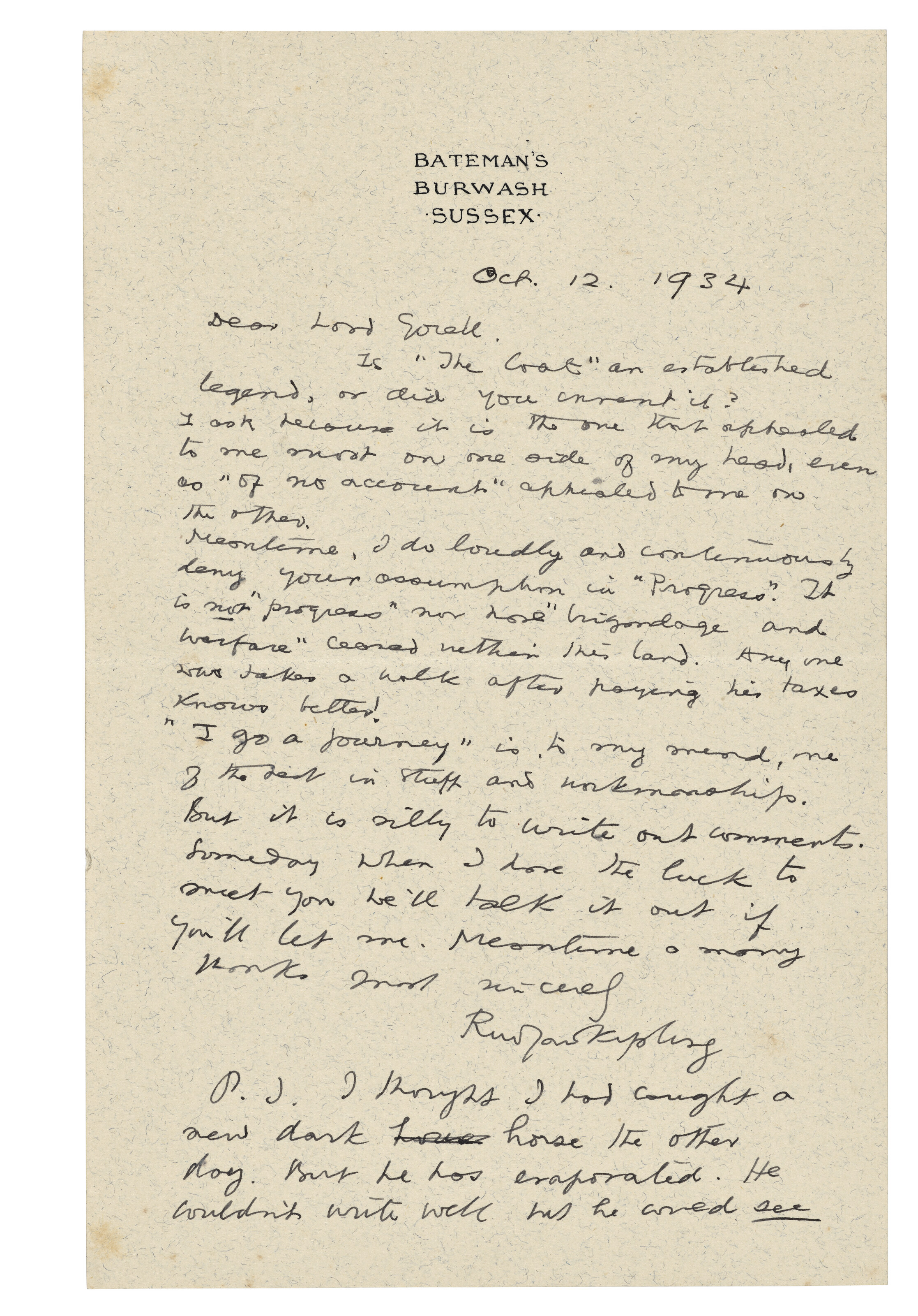 Rudyard Kipling (1865-1936), Eight letters, signed (‘Rudyard Kipling ...