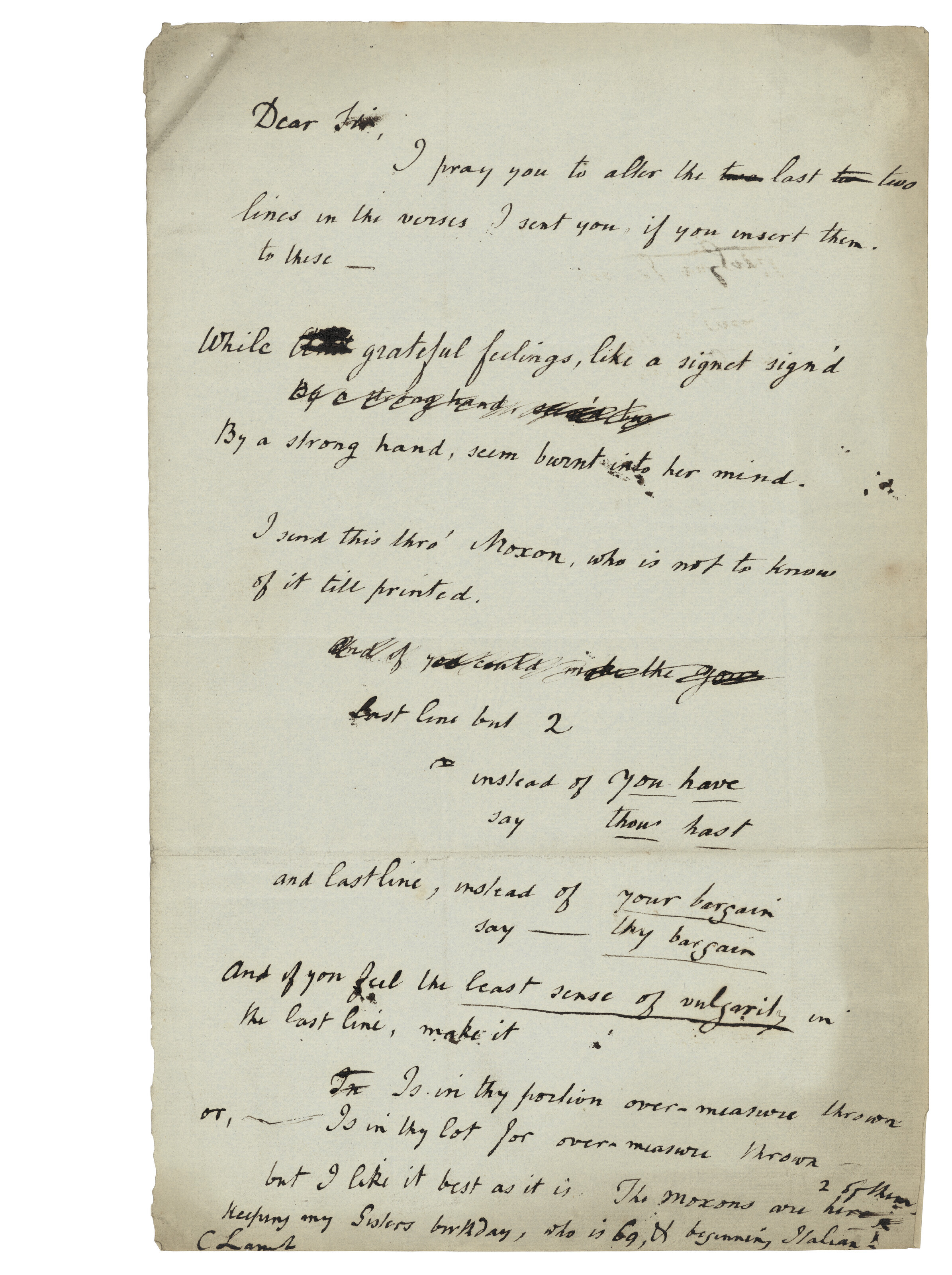 Charles Lamb (1775-1834), Autograph manuscript poem signed ('C. Lamb ...