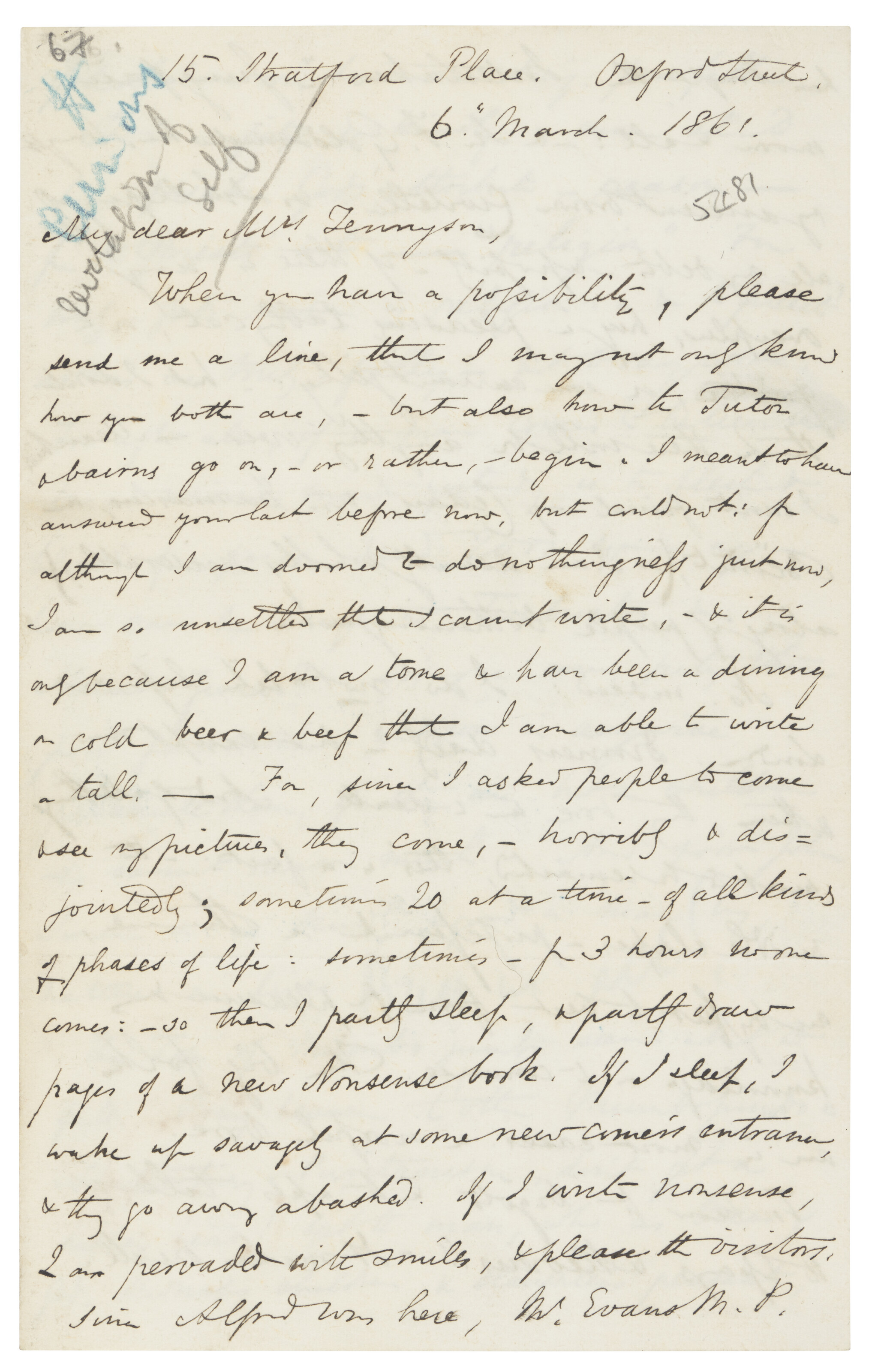 Edward Lear (1812-1888), Autograph letter signed (‘Edward Lear’) to ...