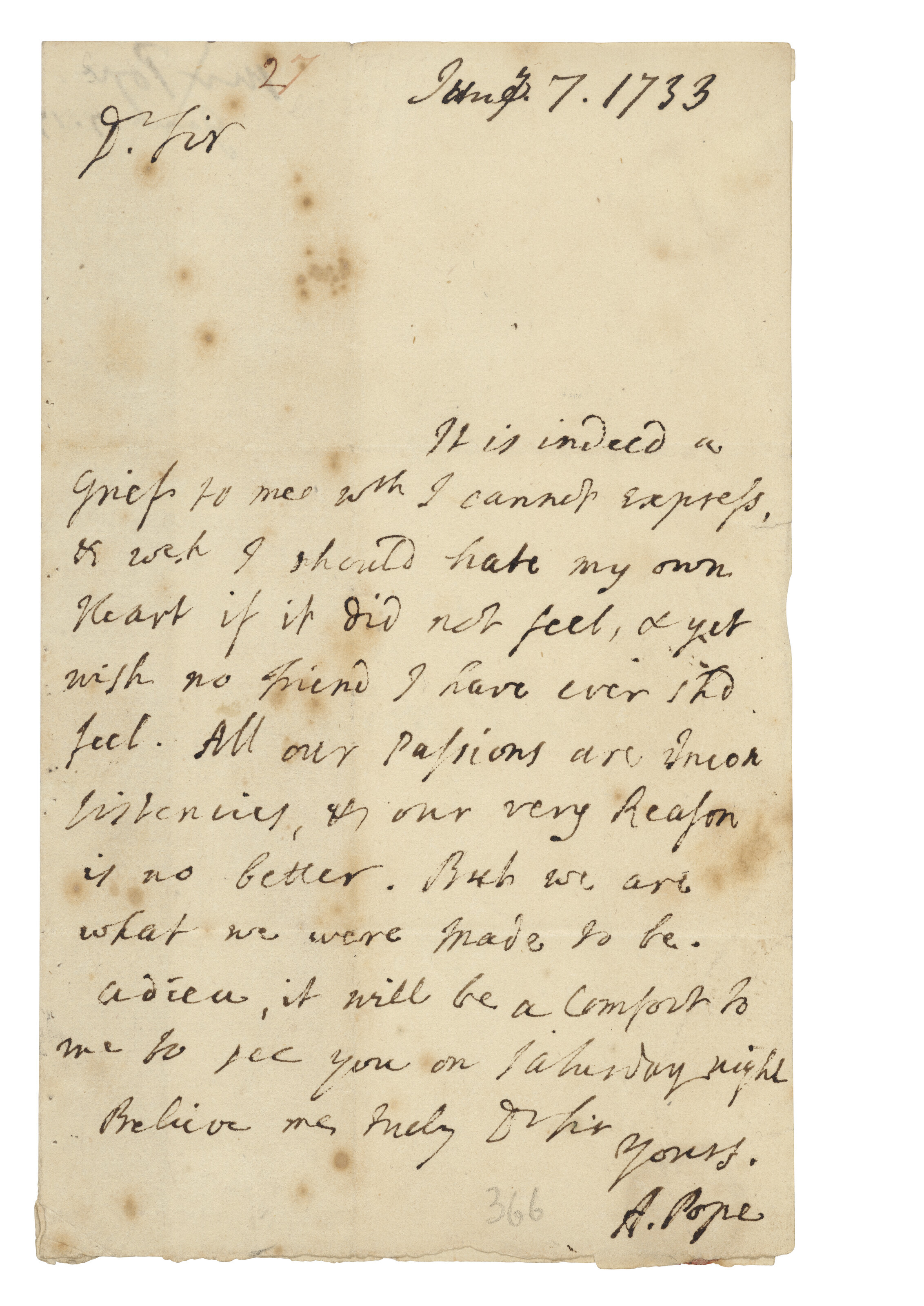 Alexander Pope (1688-1744), Seven autograph letters, six signed (‘A ...