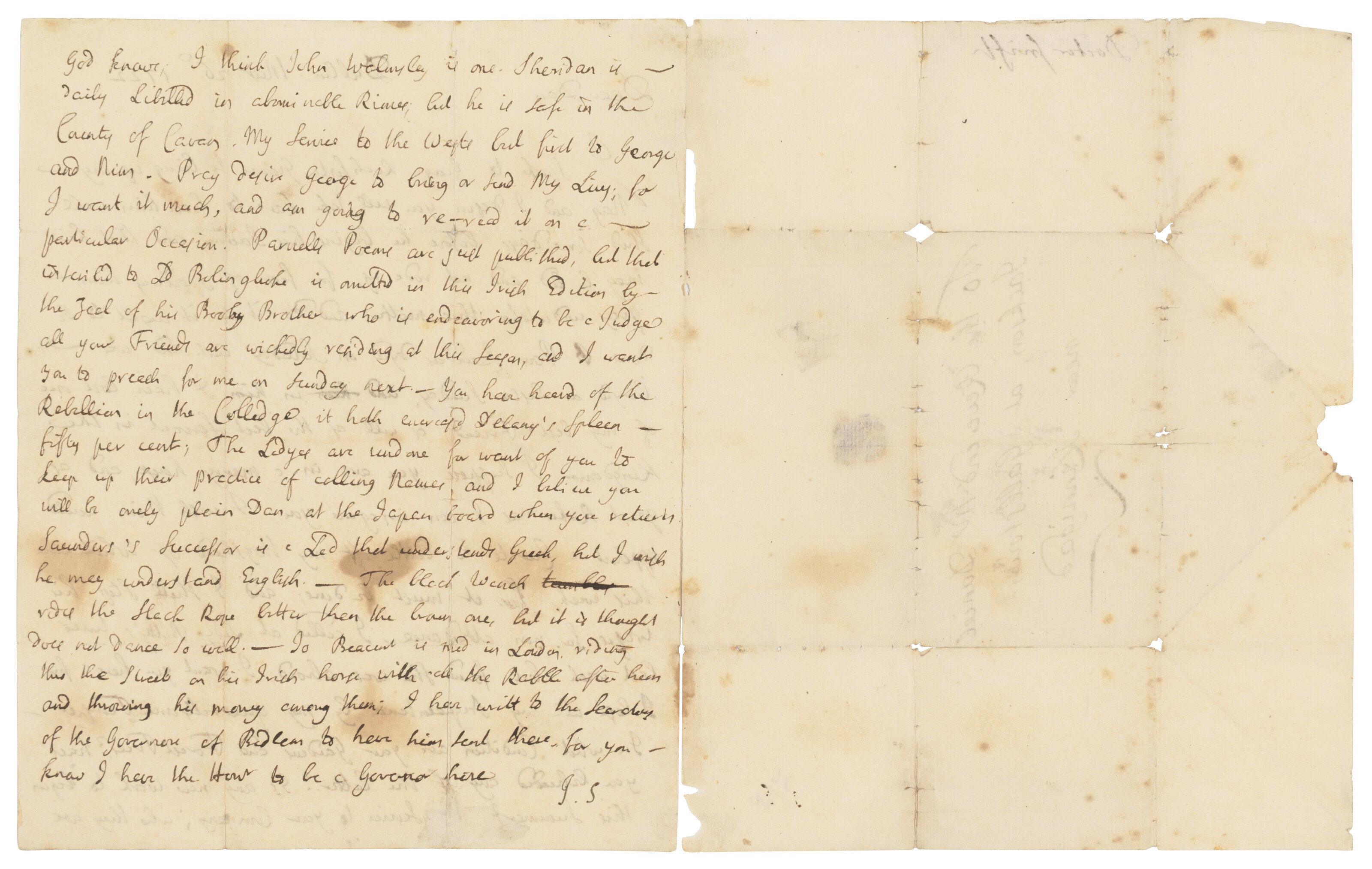 Jonathan Swift (1667-1745), Autograph letter signed (with initials, 'J ...