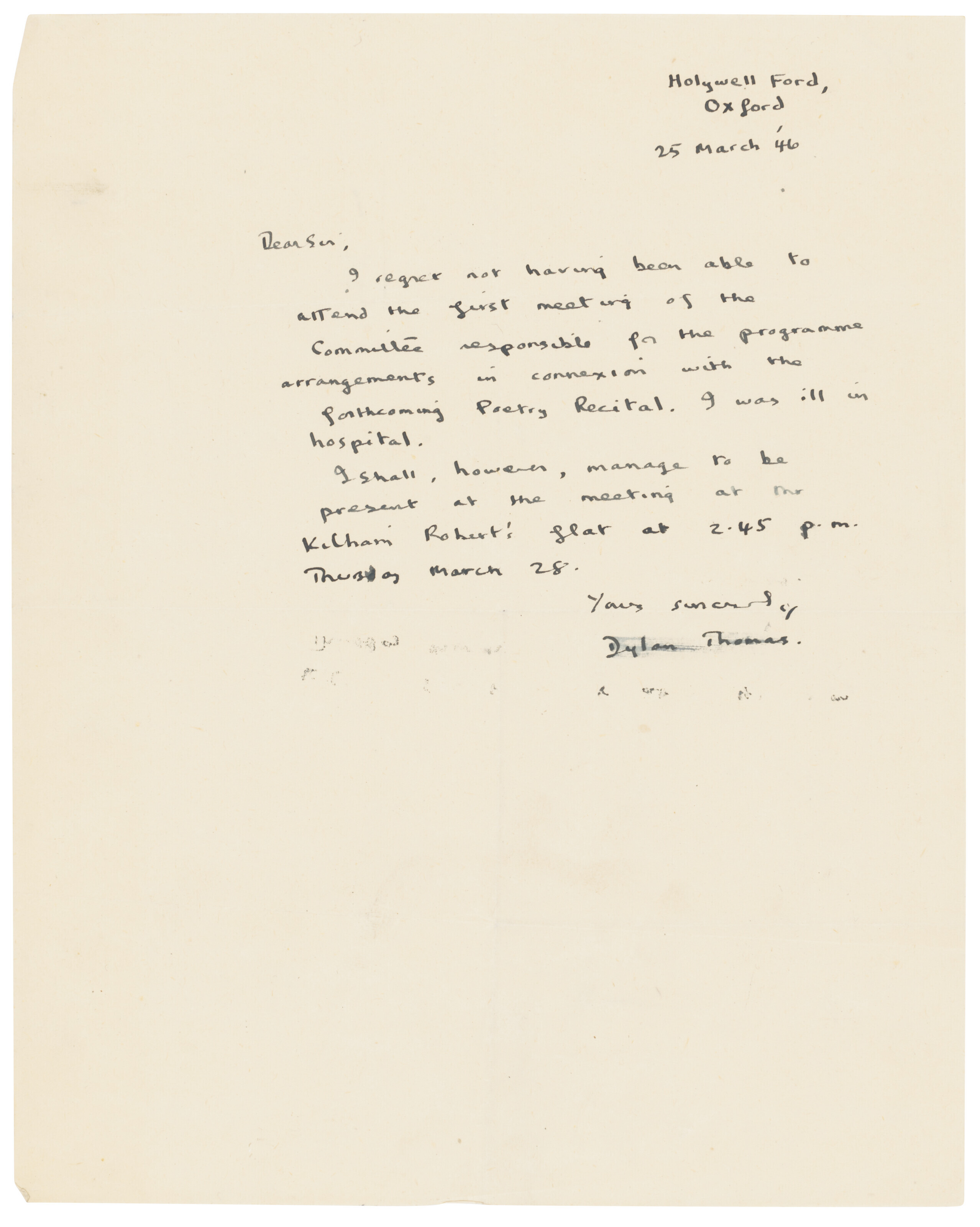 Dylan Thomas (1914-1953), Autograph letter signed (‘Dylan Thomas’) to ...