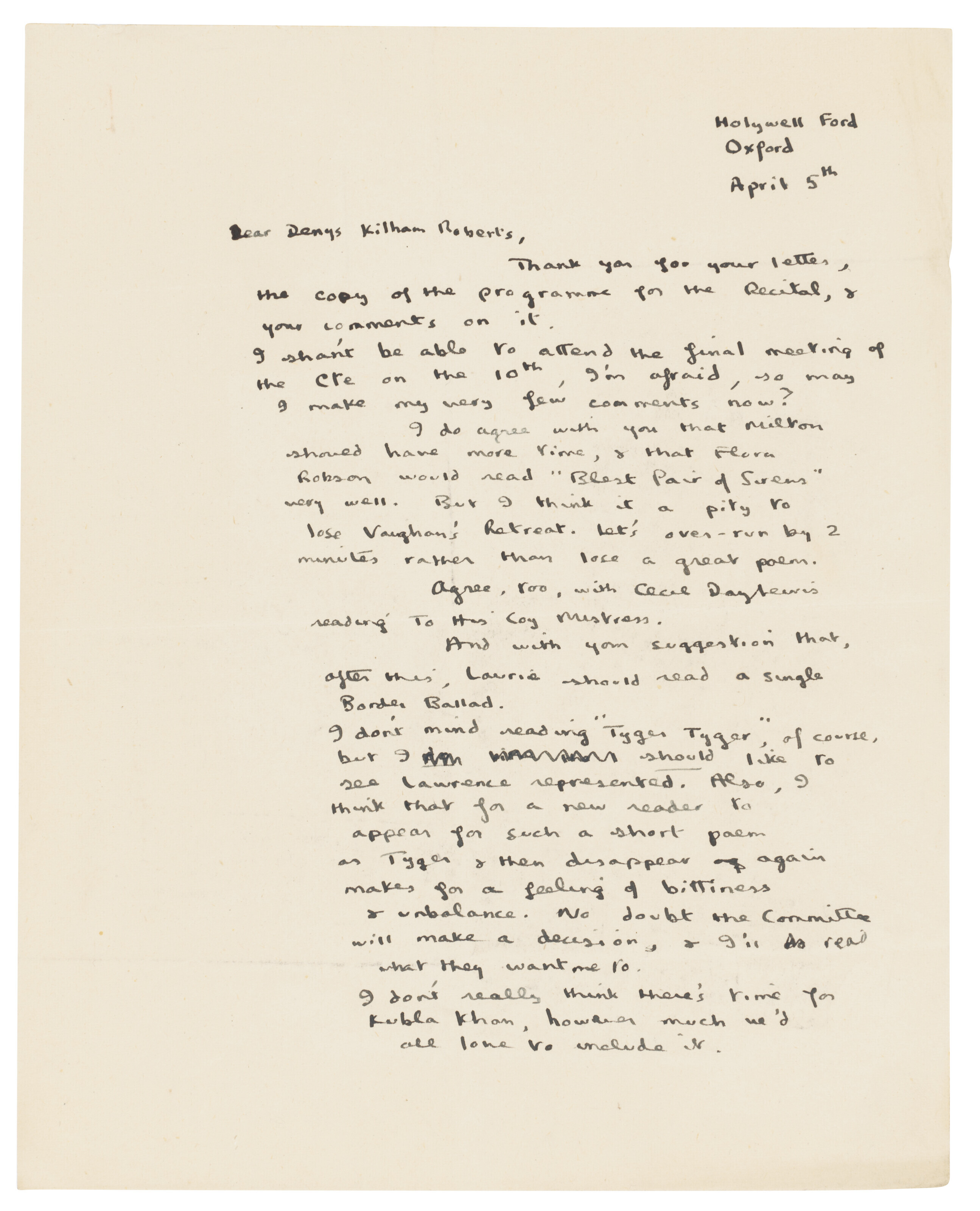Dylan Thomas (1914-1953), Autograph letter signed (‘Dylan Thomas’) to ...