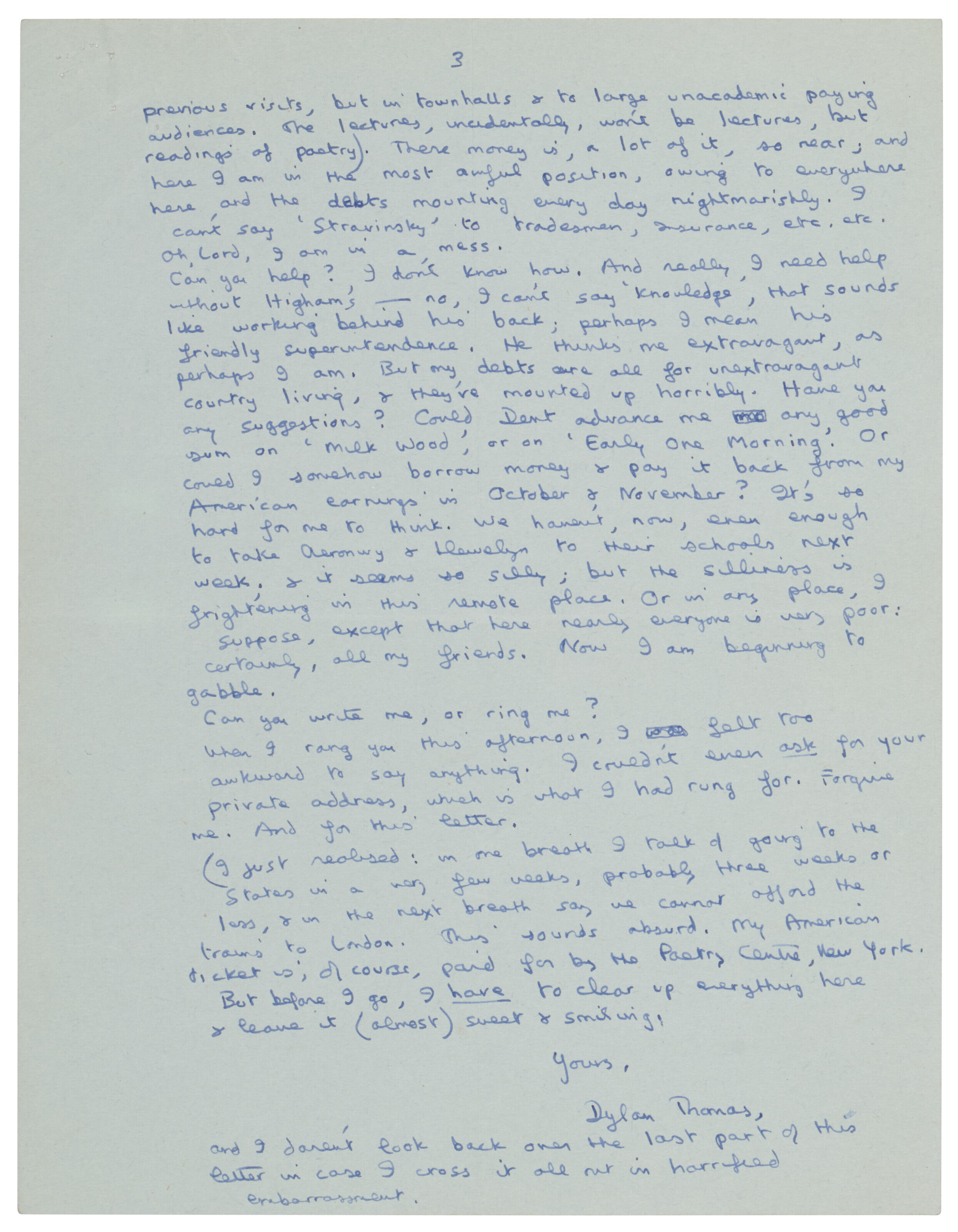 Dylan Thomas (1914-1953), Autograph letter signed ('Dylan Thomas') to ...