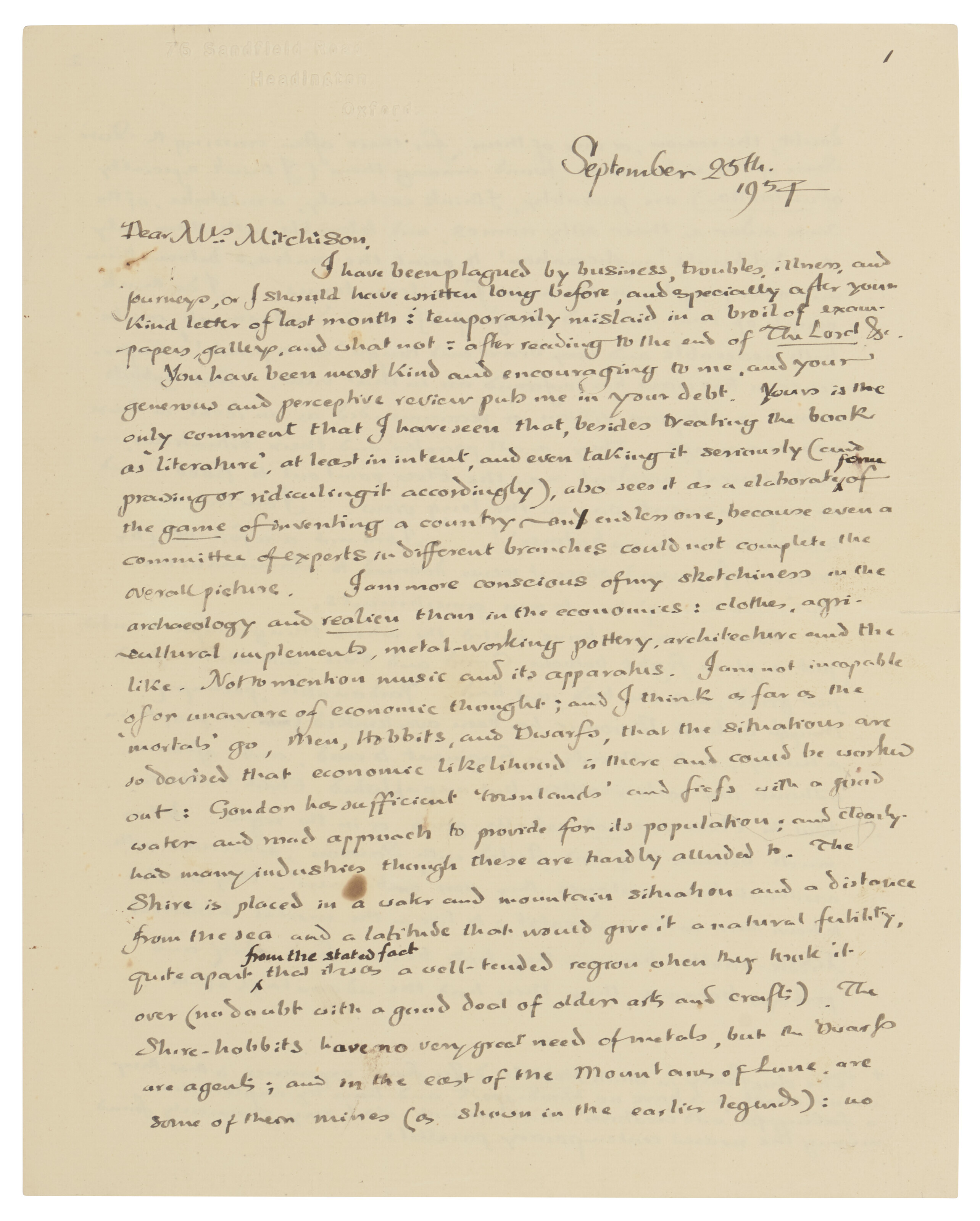 John Ronald Reuel Tolkien (1892-1973), Autograph letter signed (‘J.R.R ...