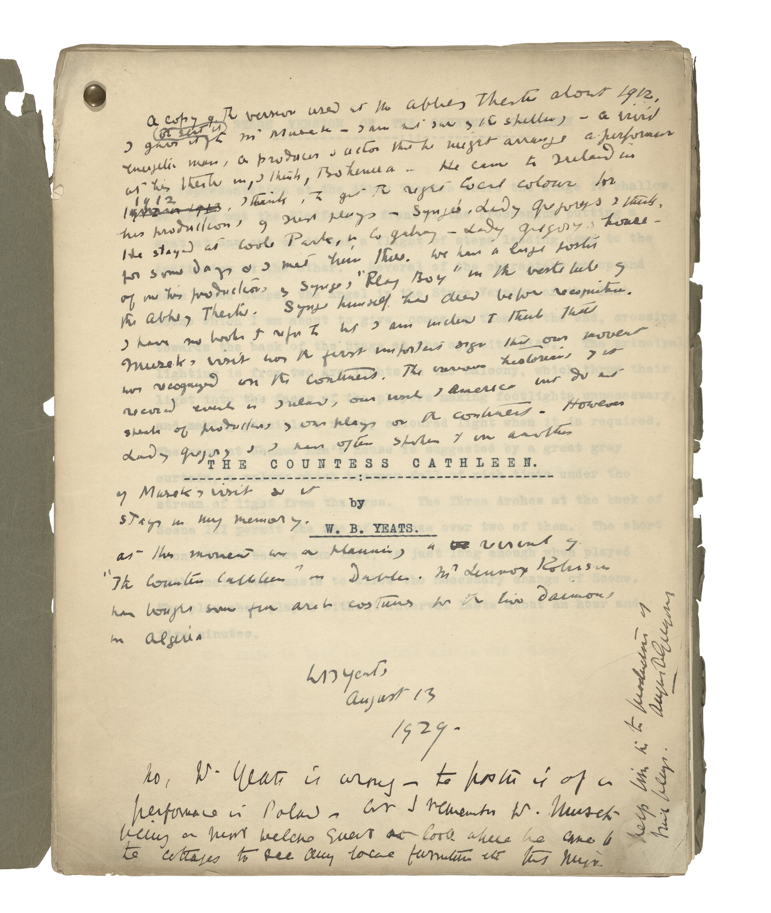 William Butler Yeats (1865-1939), Typescript signed ('W.B. Yeats') of ...