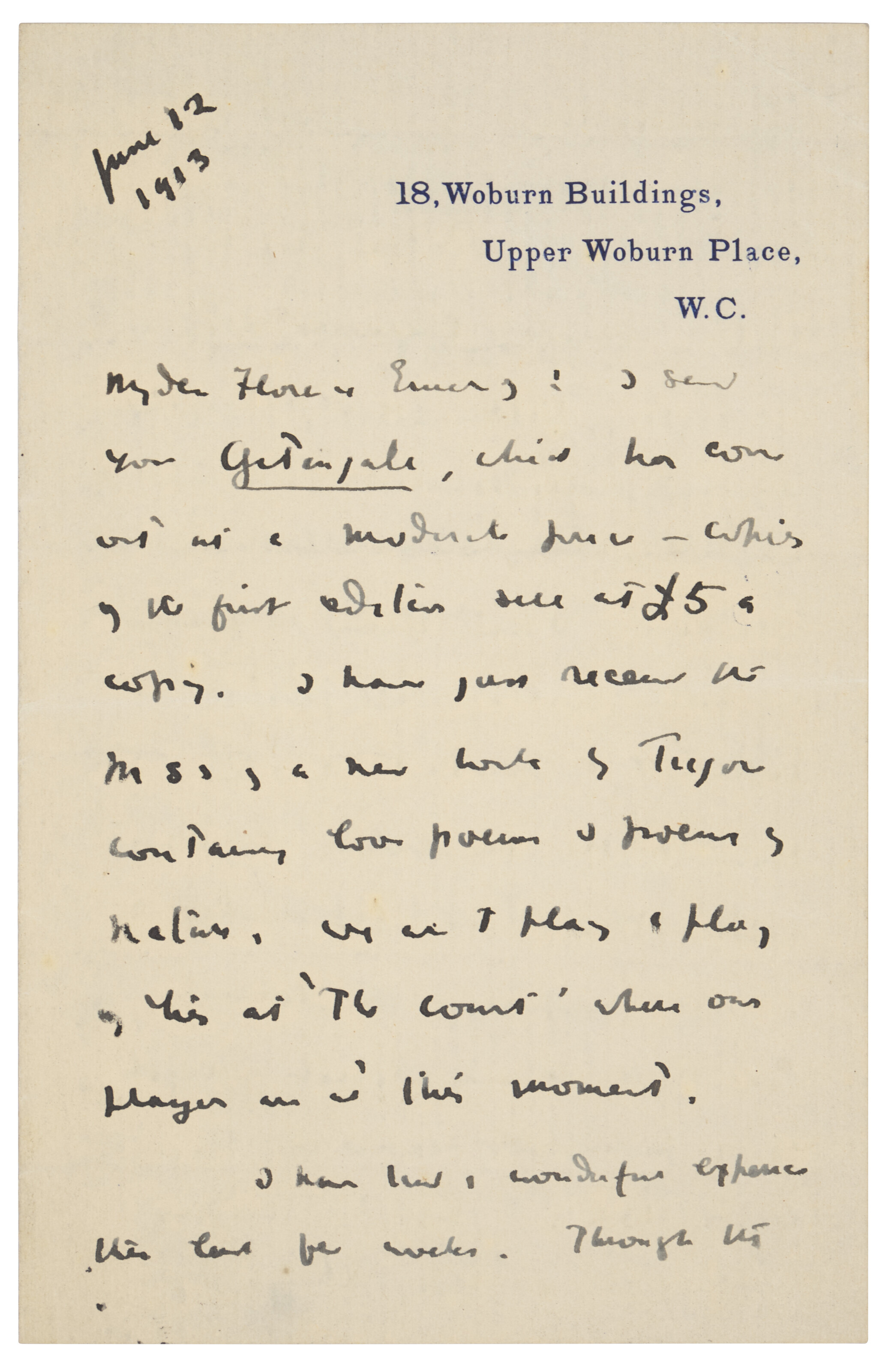 William Butler Yeats (1865-1939), Autograph letter signed (‘W.B. Yeats ...