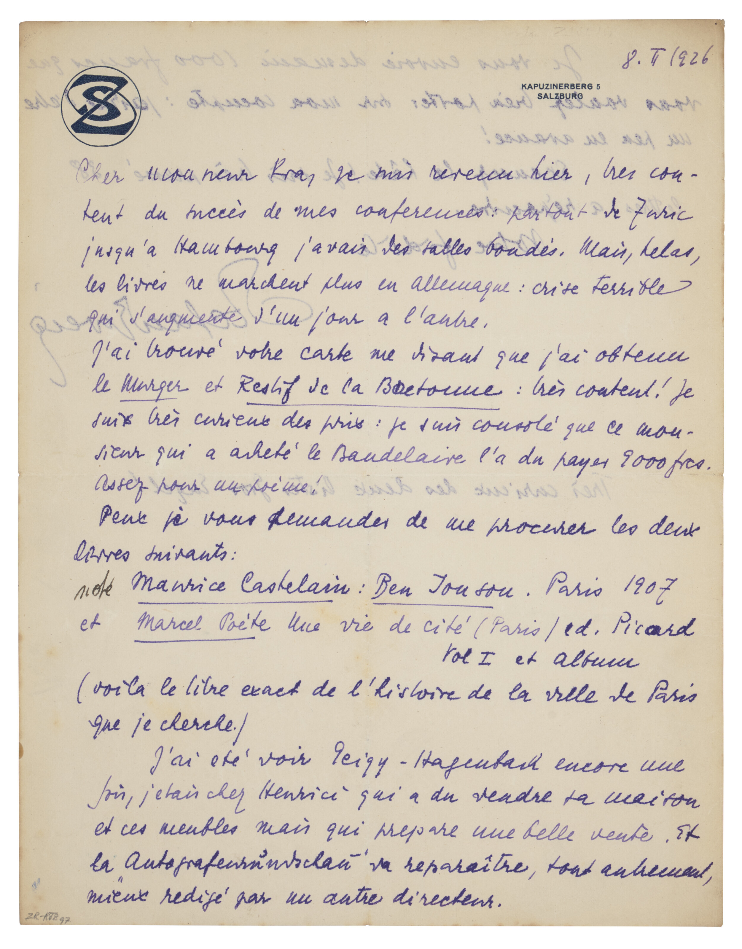 Stefan Zweig (1881-1942), Autograph letter signed (‘Stefan Zweig’) to ...