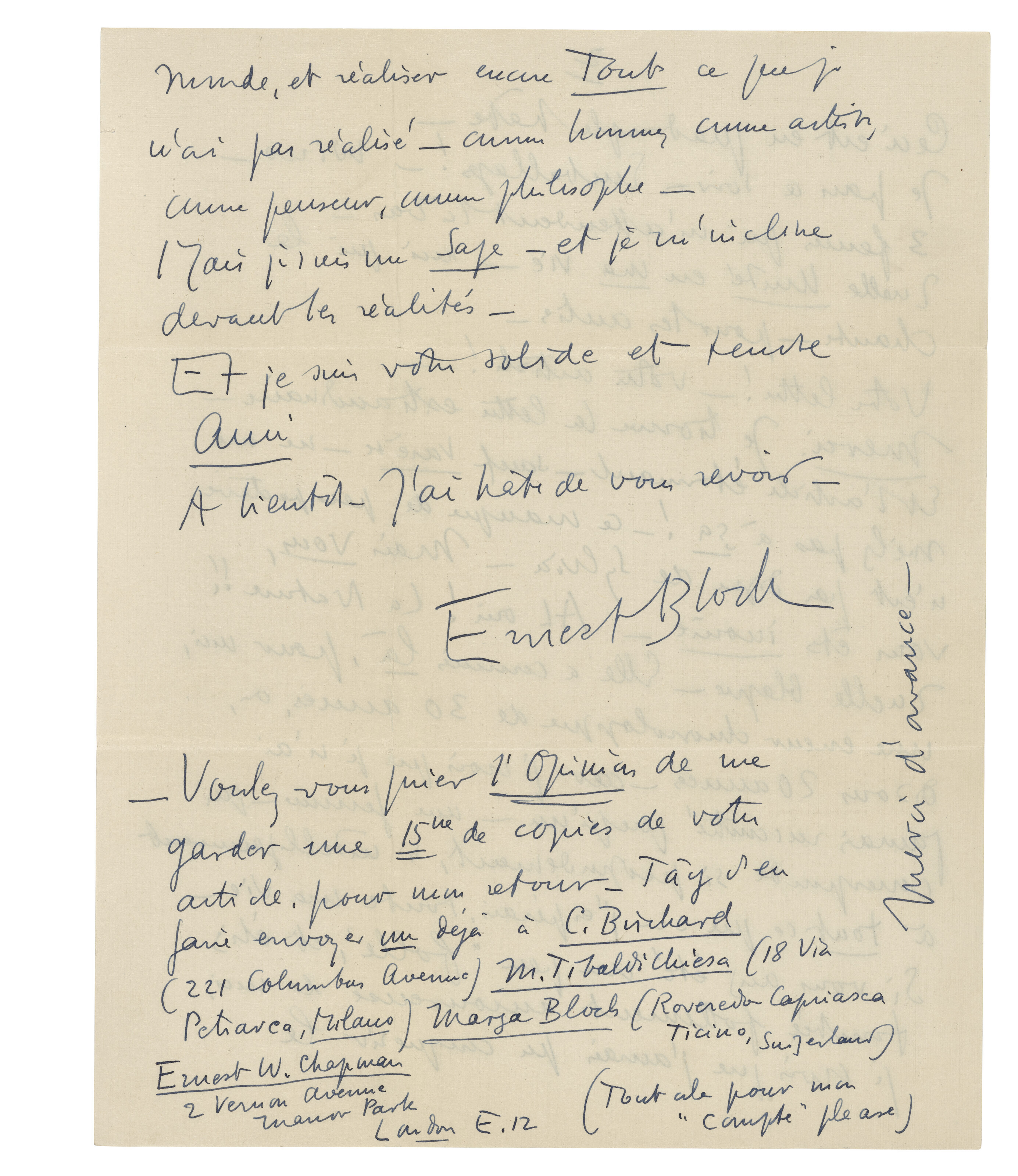 Ernest Bloch (1880-1959), Eight autograph letters and postcards signed ...