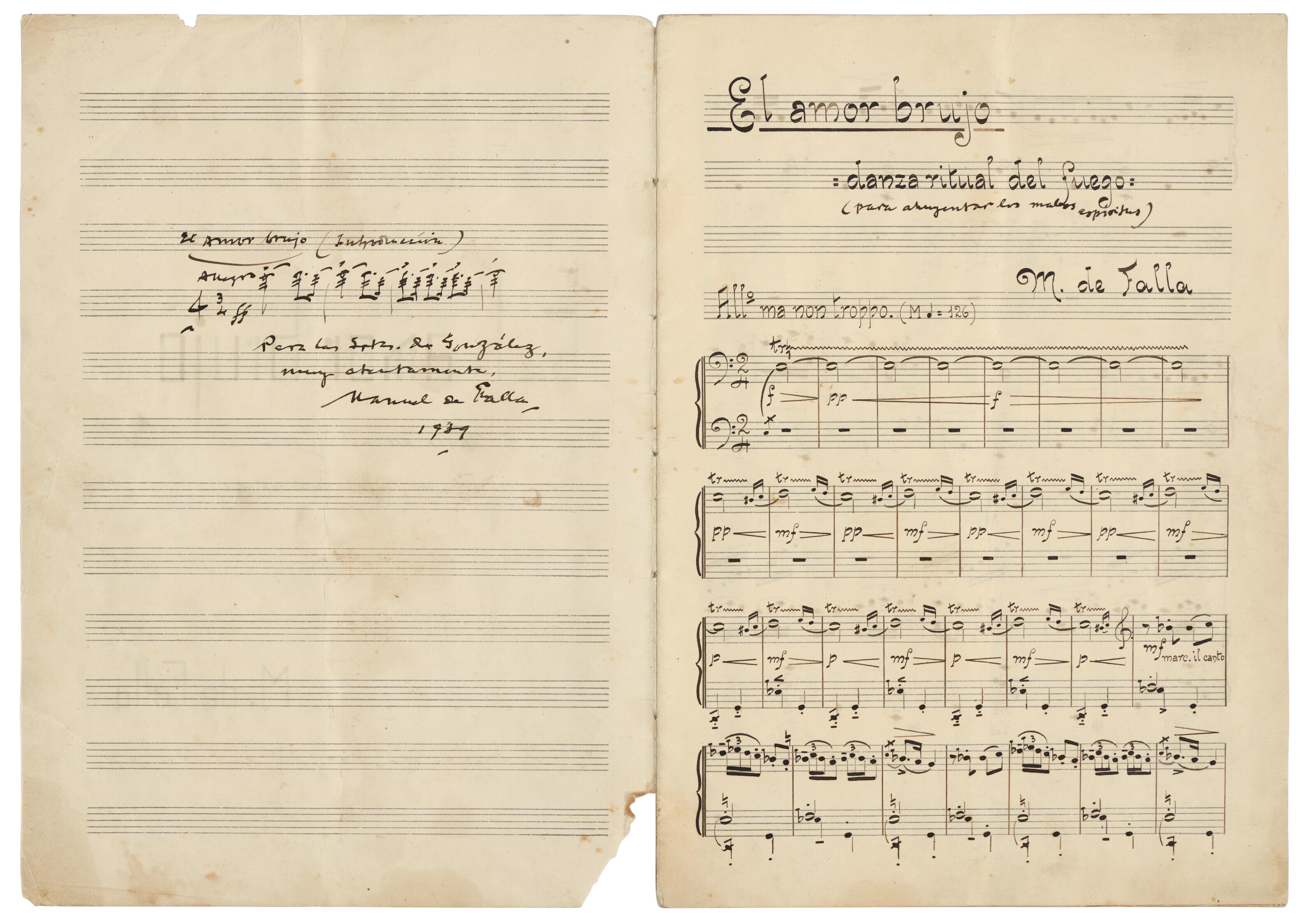 Manuel de Falla (1876-1946), Scribal music manuscript, signed by Falla ...