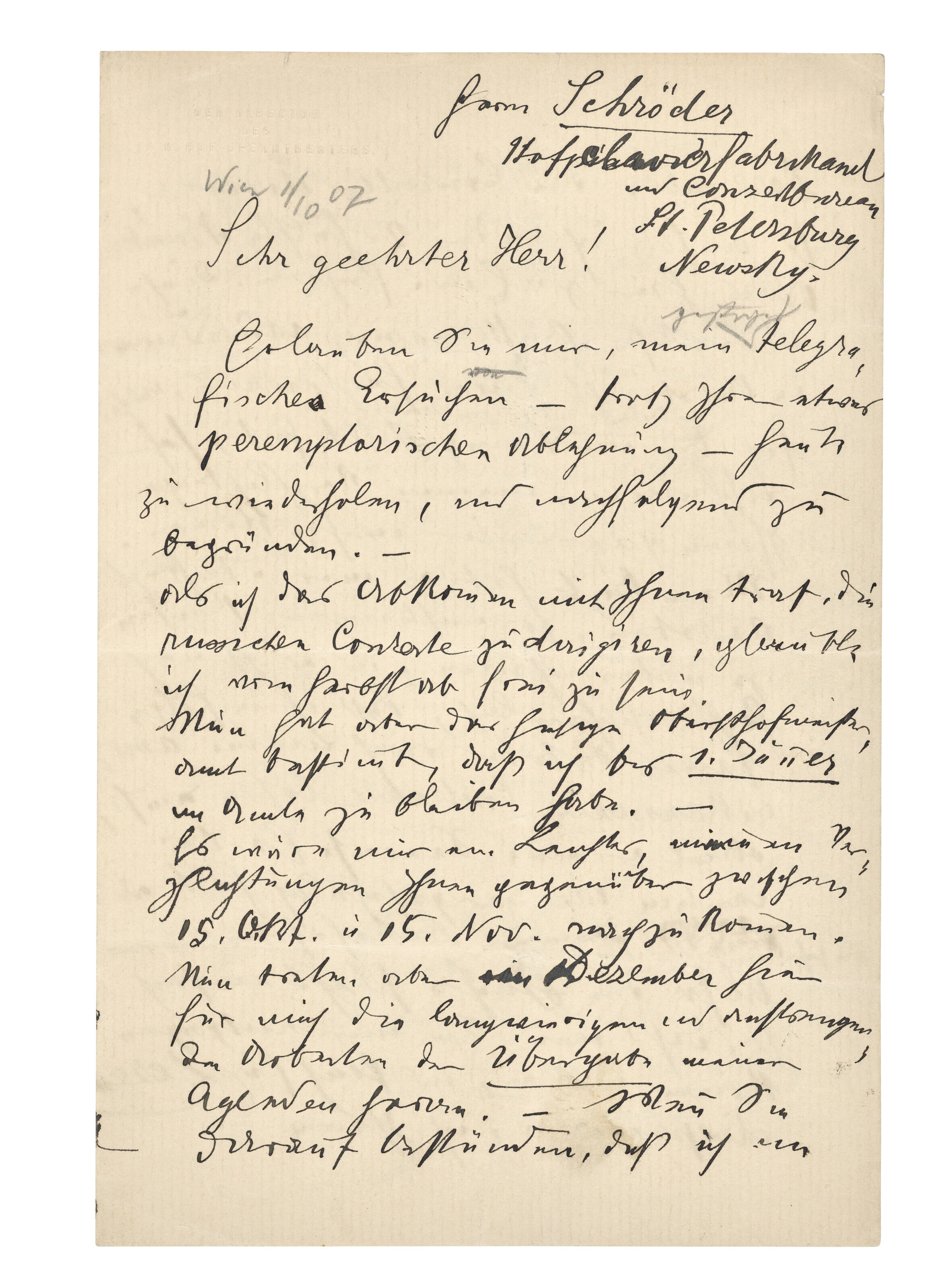 Gustav Mahler (1860-1911), Autograph letter signed (Gustav Mahler’) to ...