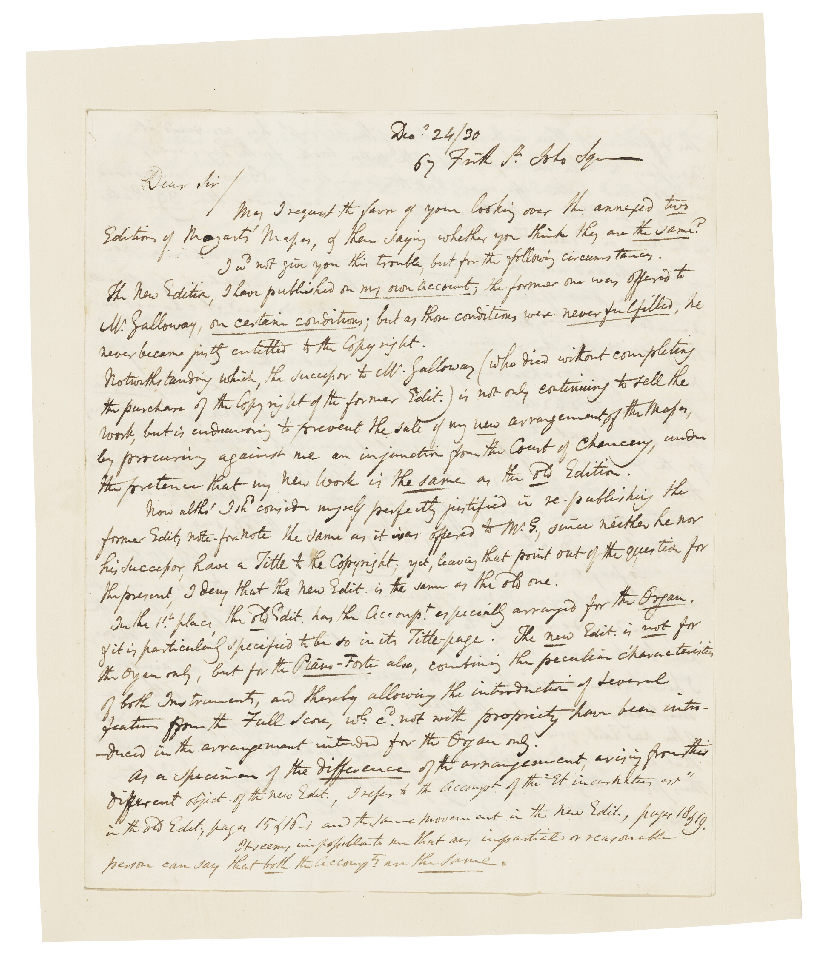 Vincent Novello (1781-1861), Autograph letter signed (‘V. Novello’) to ...