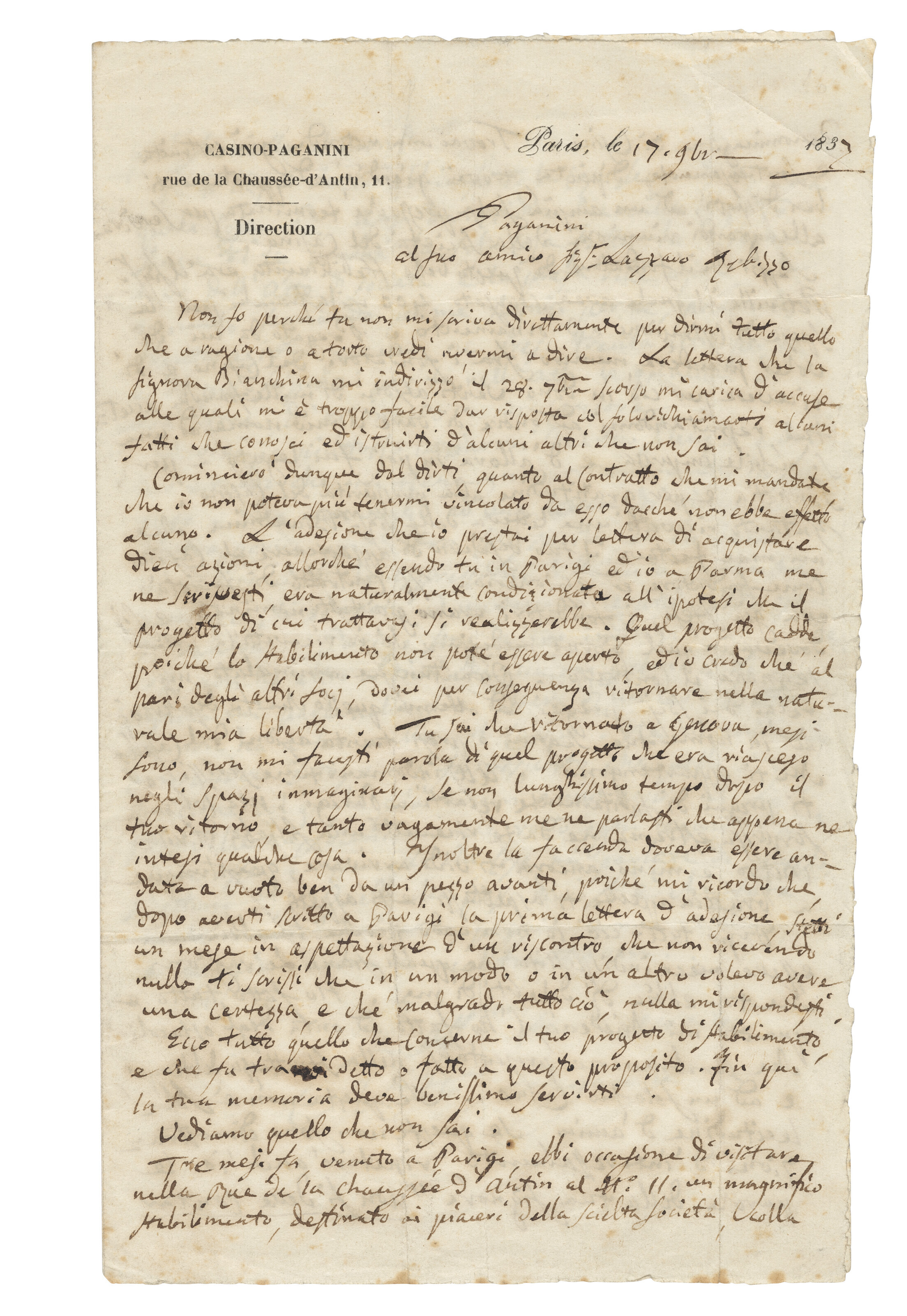 Niccolò Paganini (1782-1840), Autograph letter signed (‘Nicolò Paganini ...