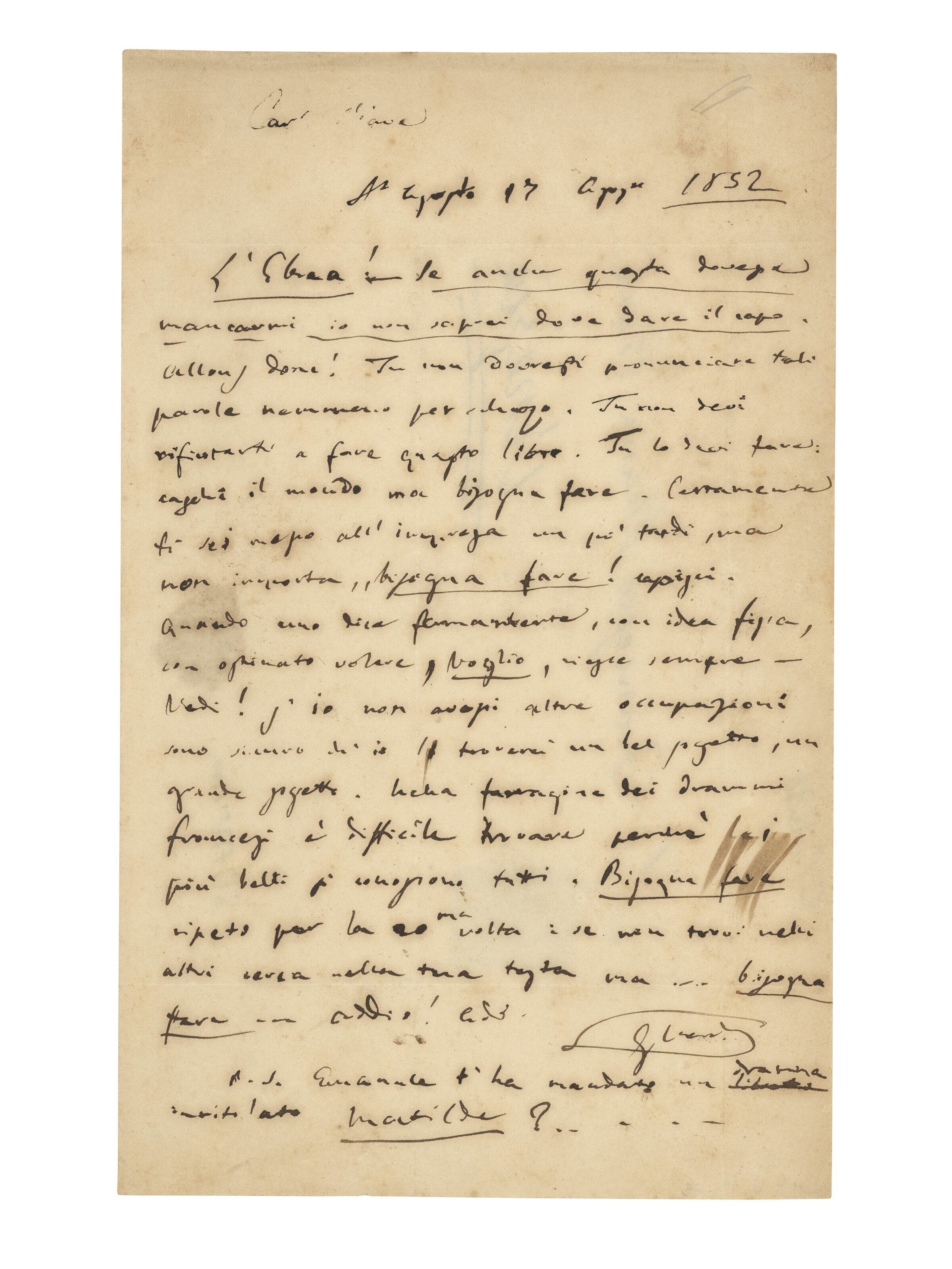 Giuseppe Verdi (1813-1901), Autograph letter signed ('G. Verdi') to ...